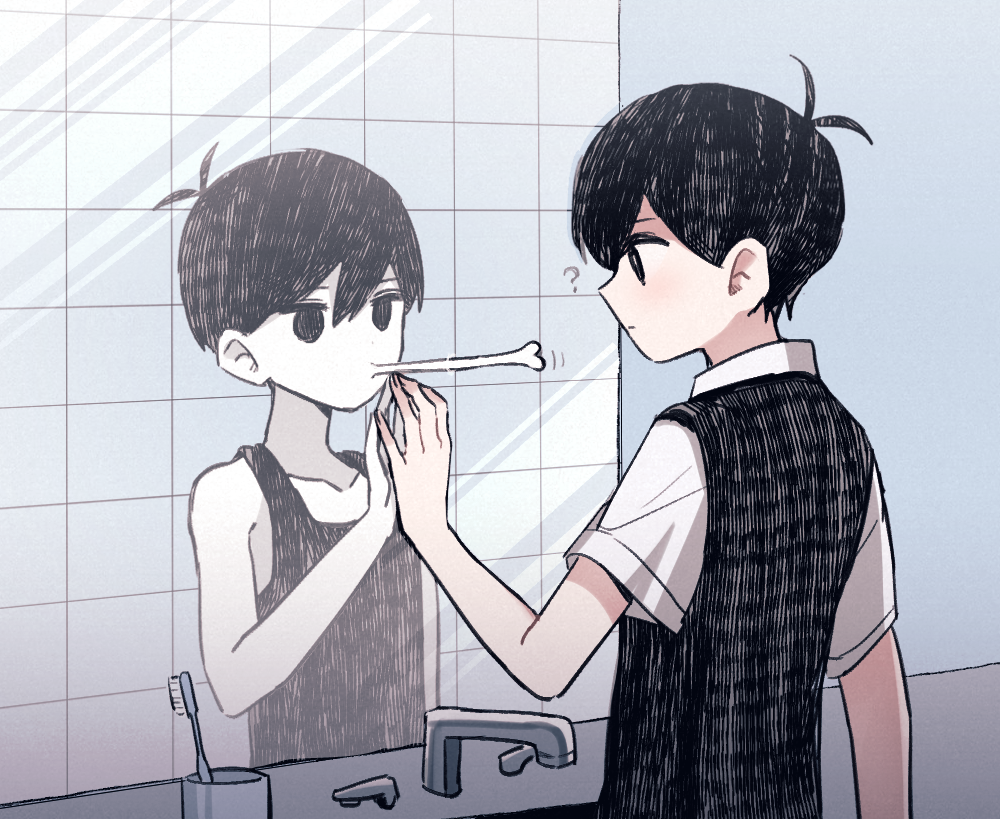 Safebooru - 2boys bathroom black eyes black hair black tank top closed ...
