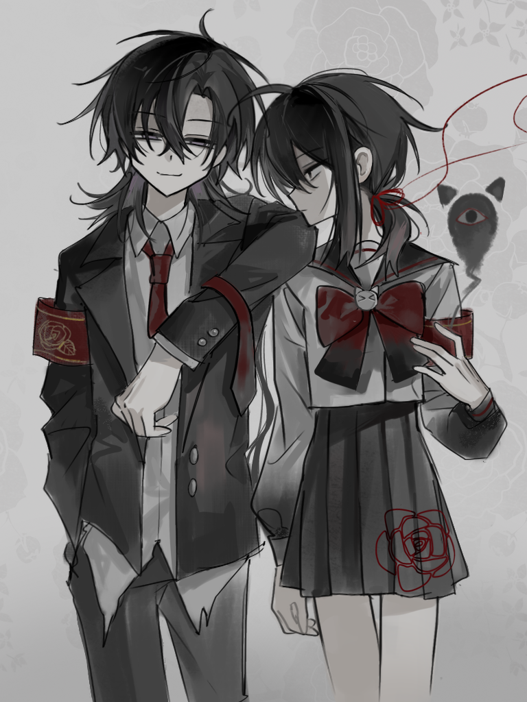 Safebooru - 1boy 1girl armband black hair black jacket black pants black sailor collar black ...