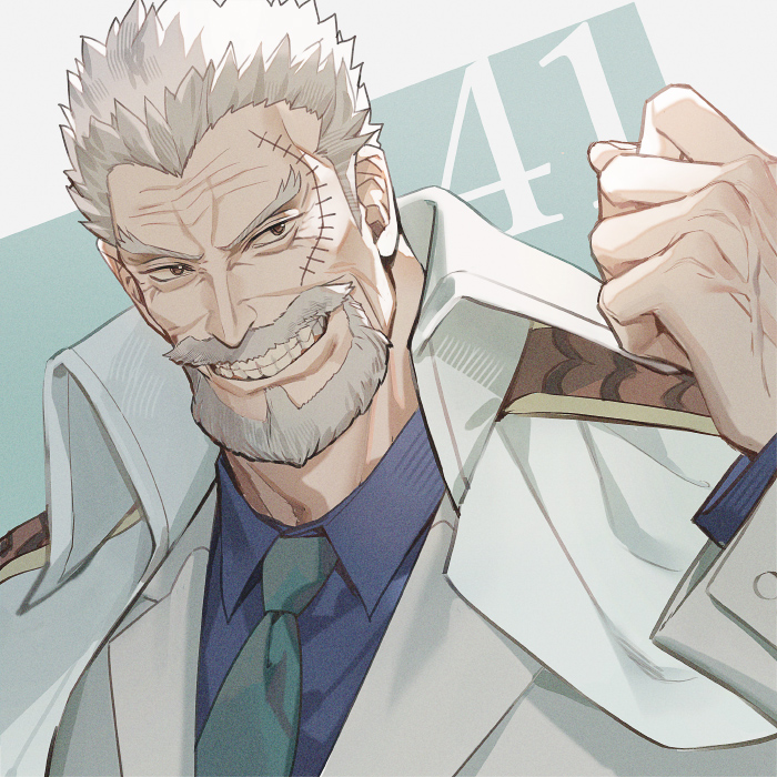 Safebooru - 1boy beard black eyes blue necktie clenched hand clenched ...