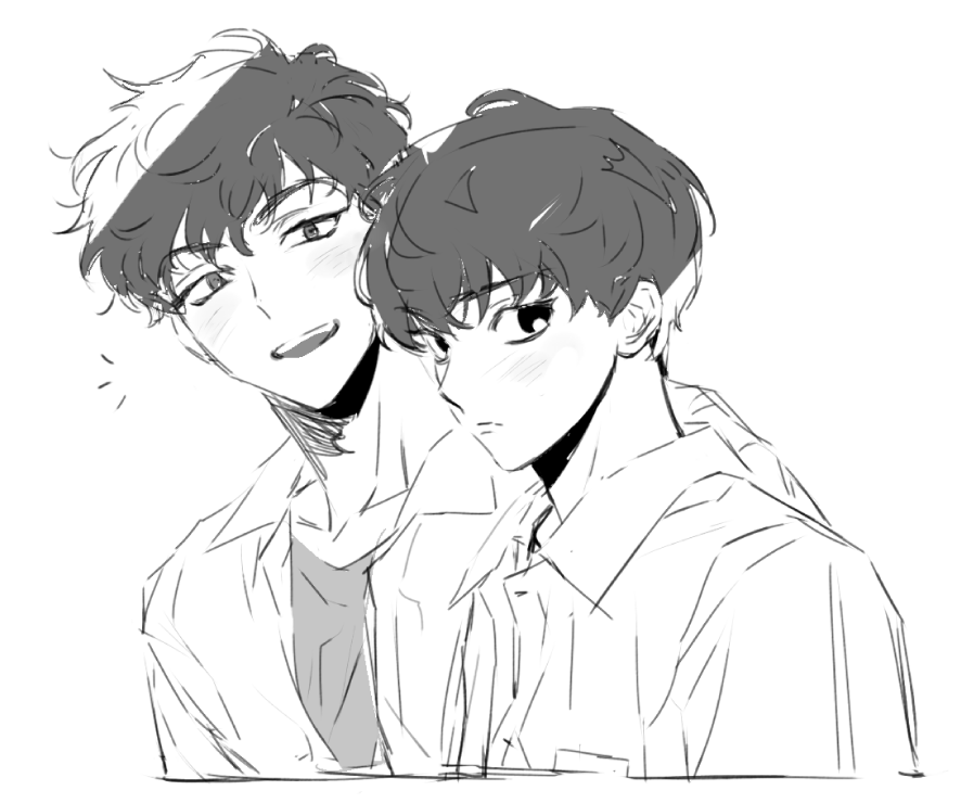 Safebooru - 2boys closed mouth from side greyscale grin jaemin107 ...