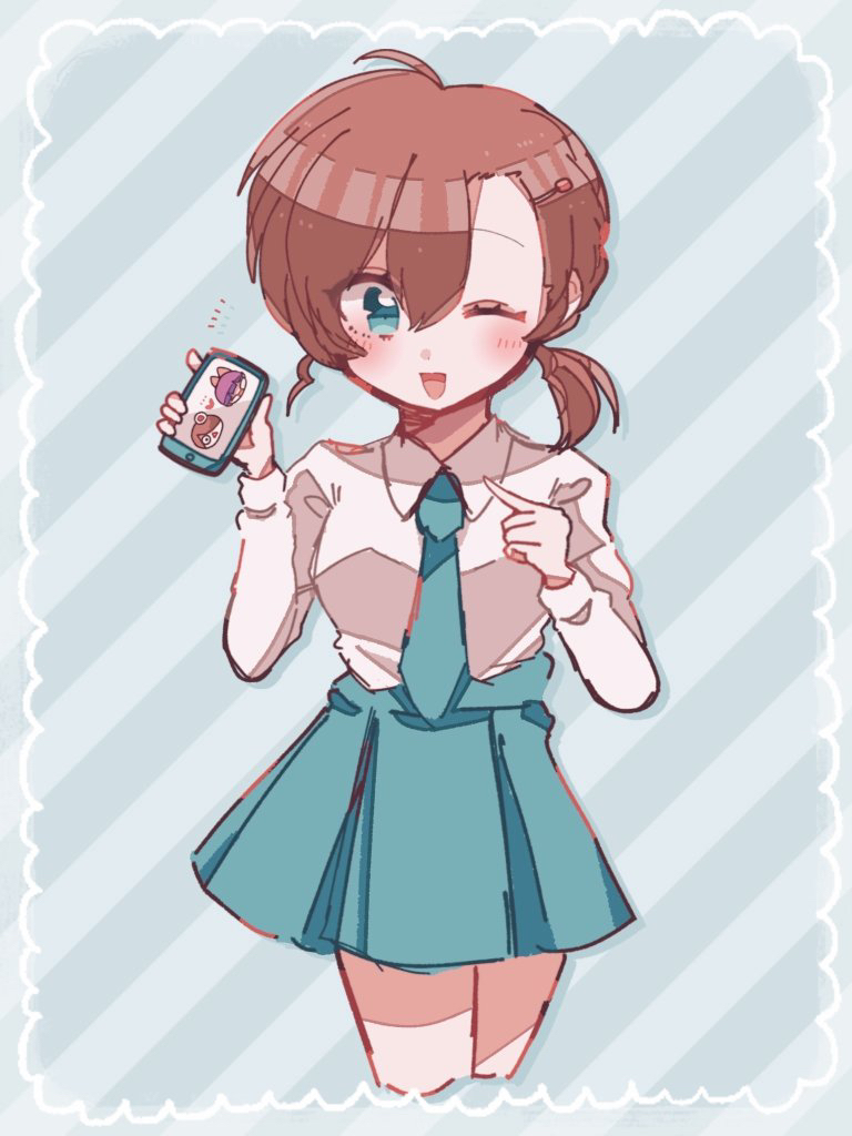 Safebooru - 1girl apukoma blue eyes blue necktie blue skirt brown hair cellphone collared shirt ...