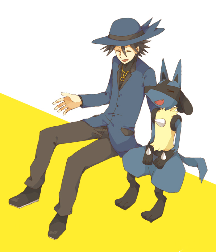 Safebooru - 1boy aloe28 blue hat brown pants closed eyes fang full body furry hat lucario male ...
