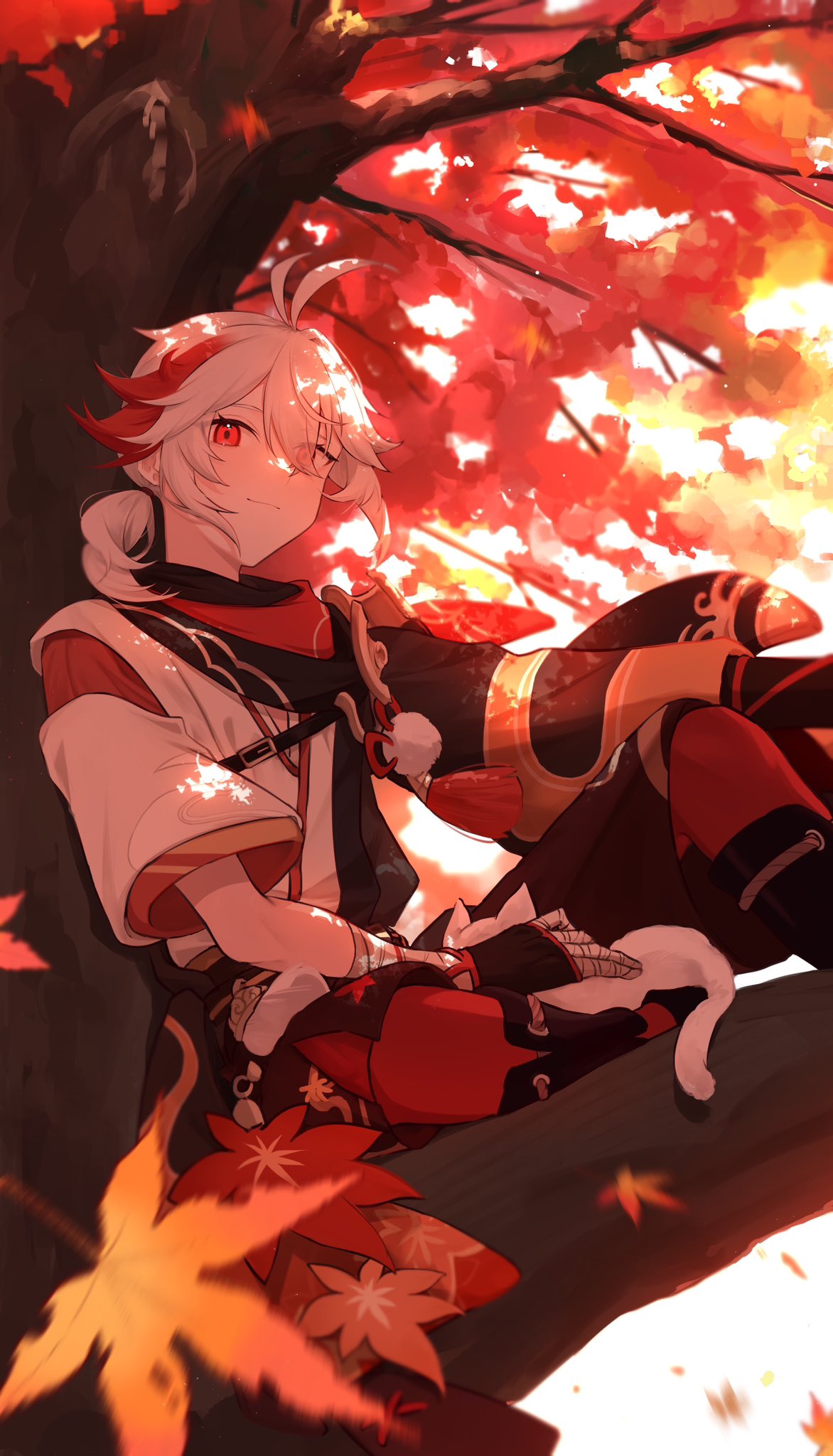 Safebooru - 1boy animal armor autumn leaves bandaged arm bandaged hand bandages black gloves ...