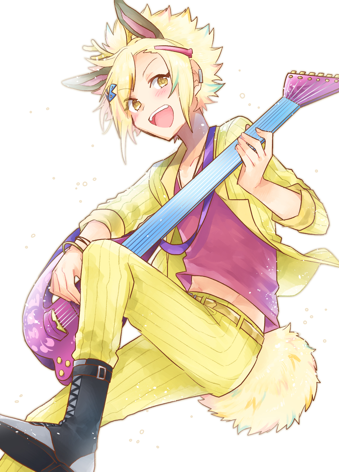 Safebooru - 1boy :d animal ears antlers black footwear blonde hair boots bracelet cross-laced ...