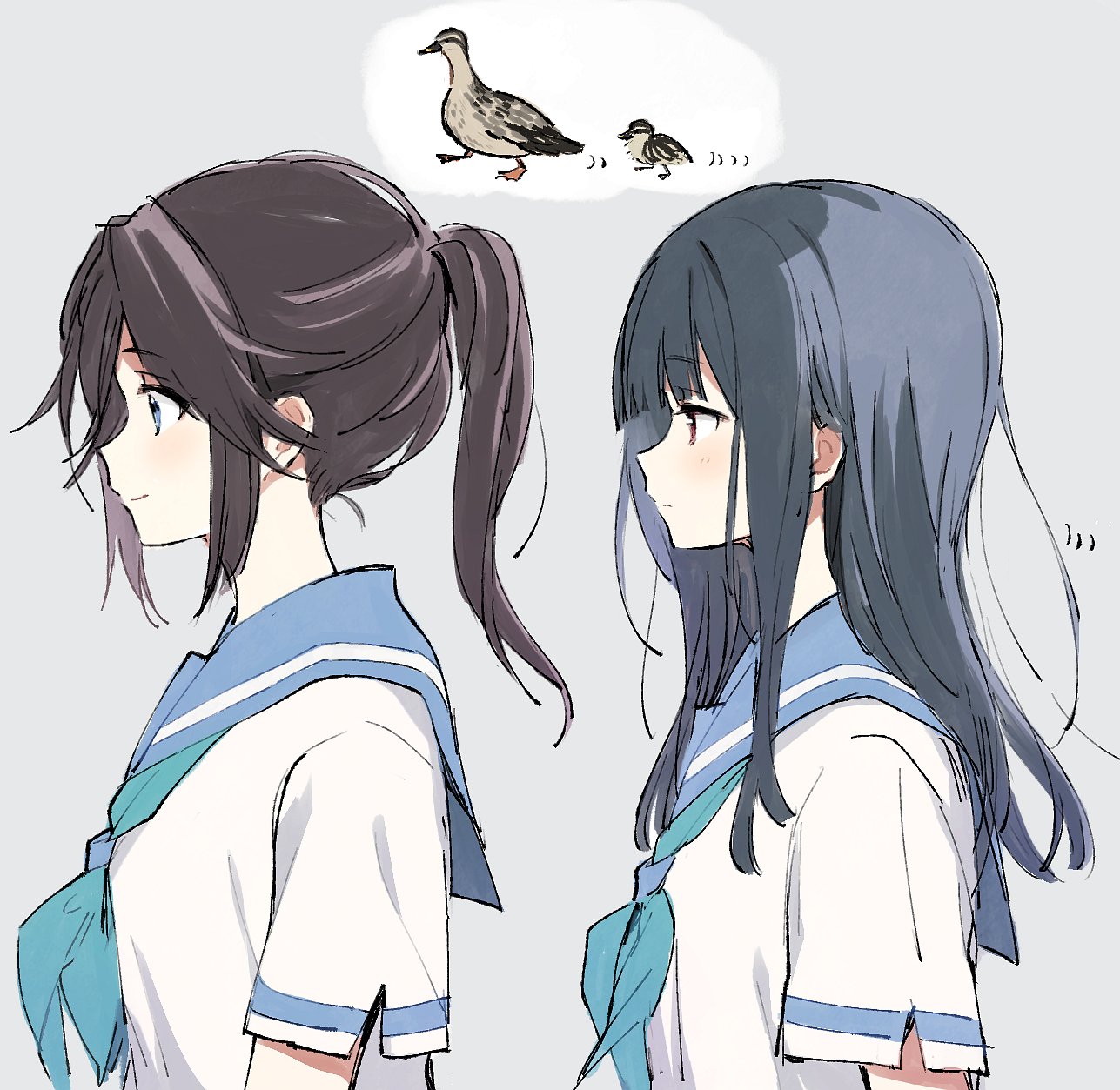 Safebooru - 2girls bird black hair blue eyes blue hair blue neckerchief blue sailor collar ...