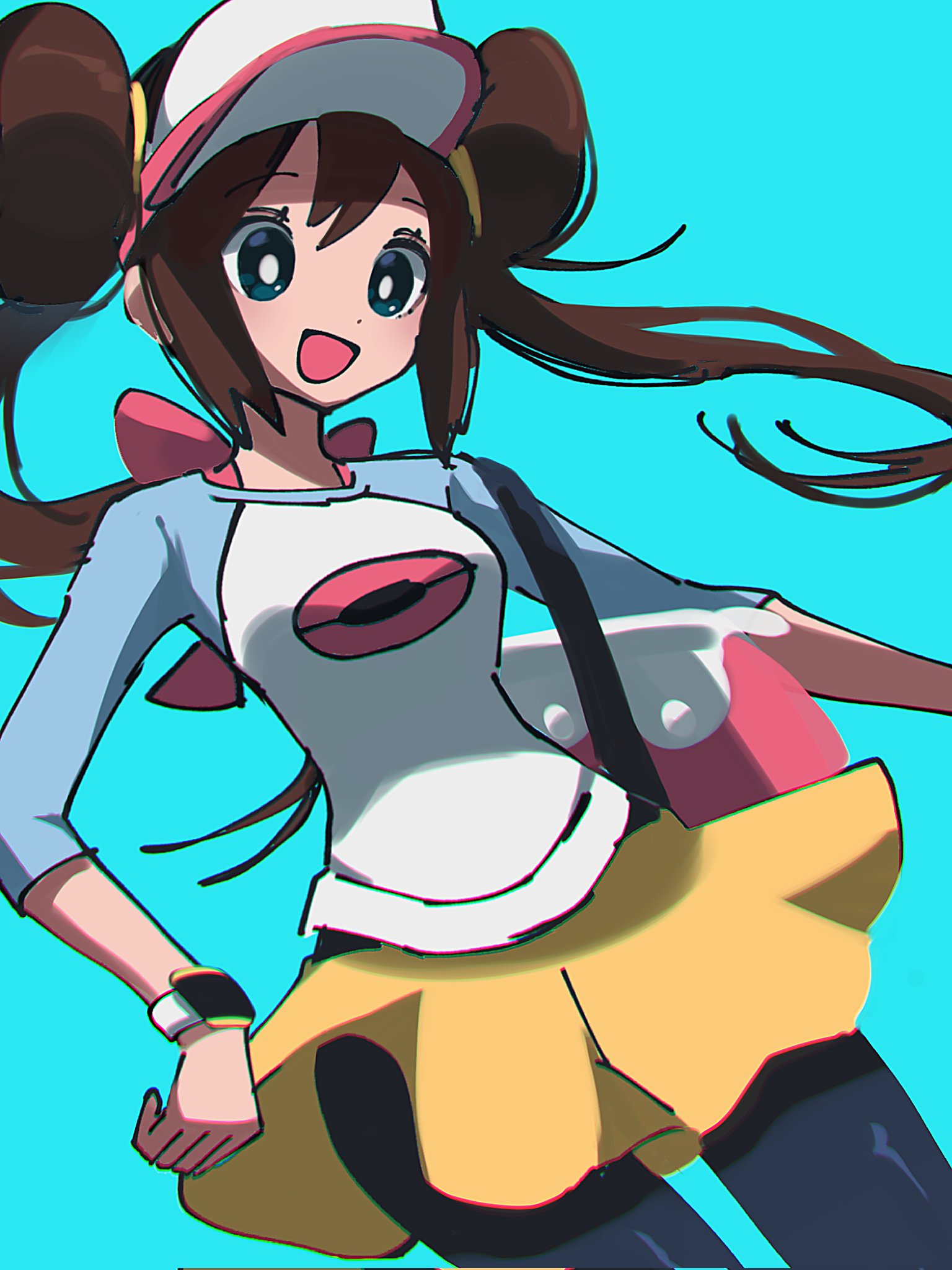 Safebooru - 1girl :d bag black pantyhose blue background blue eyes breasts bright pupils brown ...