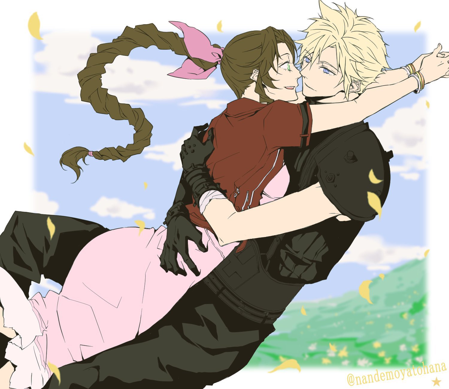 Safebooru - 1boy 1girl aerith gainsborough akatsuki jam armor arms around back arms around neck ...