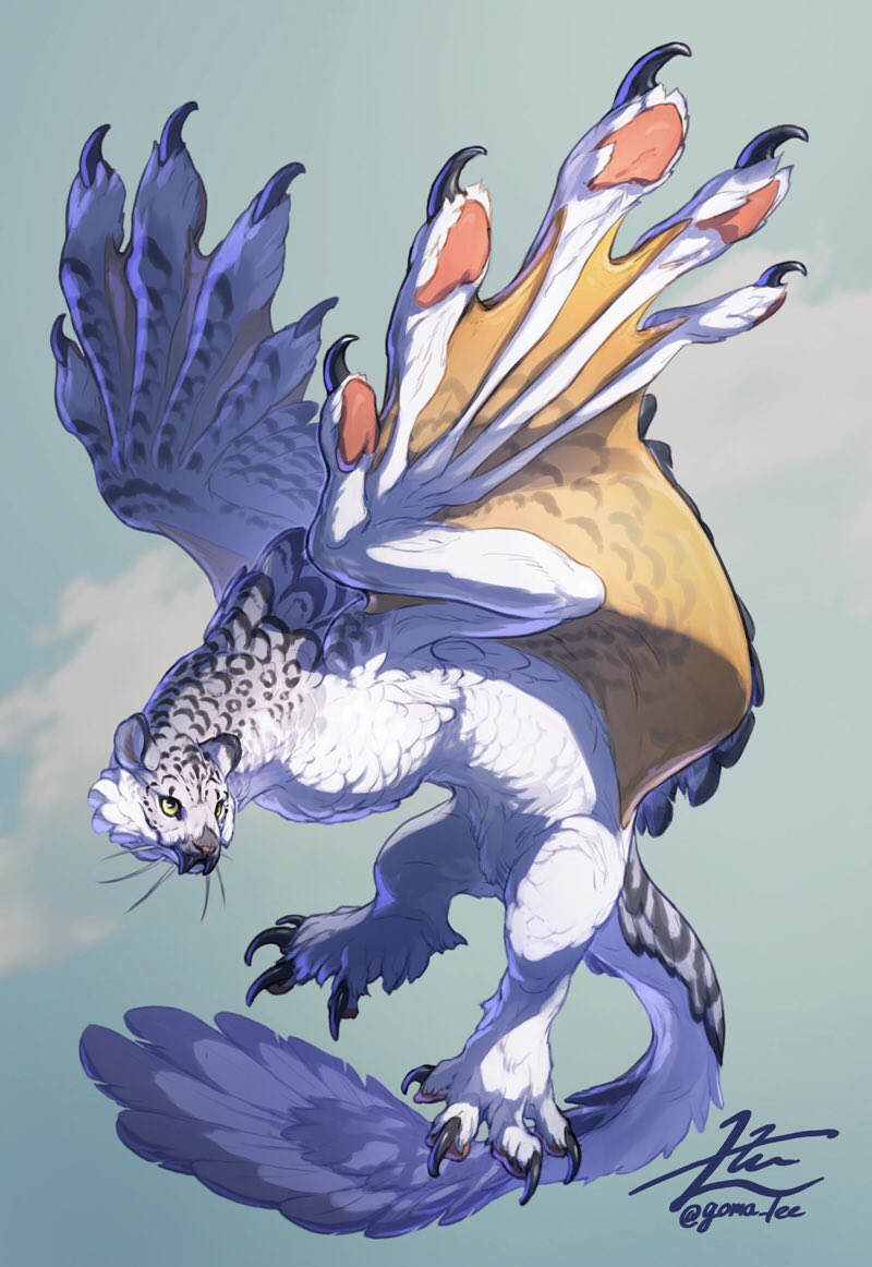 Safebooru - animal ears animal focus bird tail blue background cat ears chimera claws from side ...