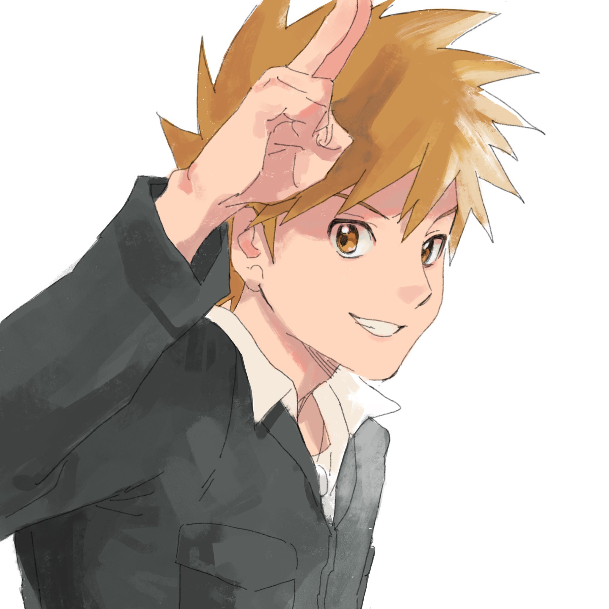 Safebooru - 1boy arm up black jacket blue oak brown eyes collared shirt ...