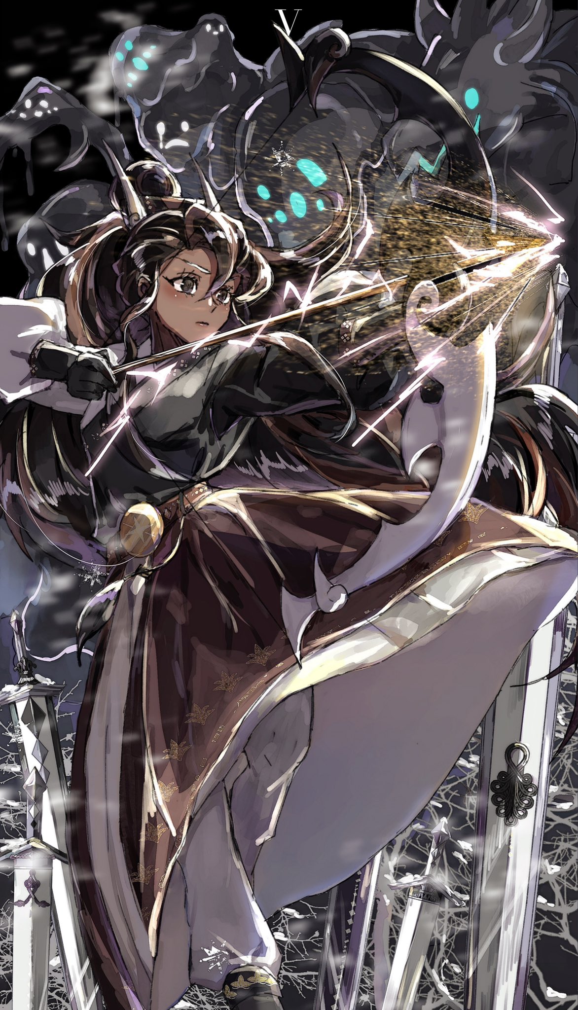 Safebooru - 1girl archery arrow (projectile) black hair bow (weapon) brown eyes caramel arrow ...