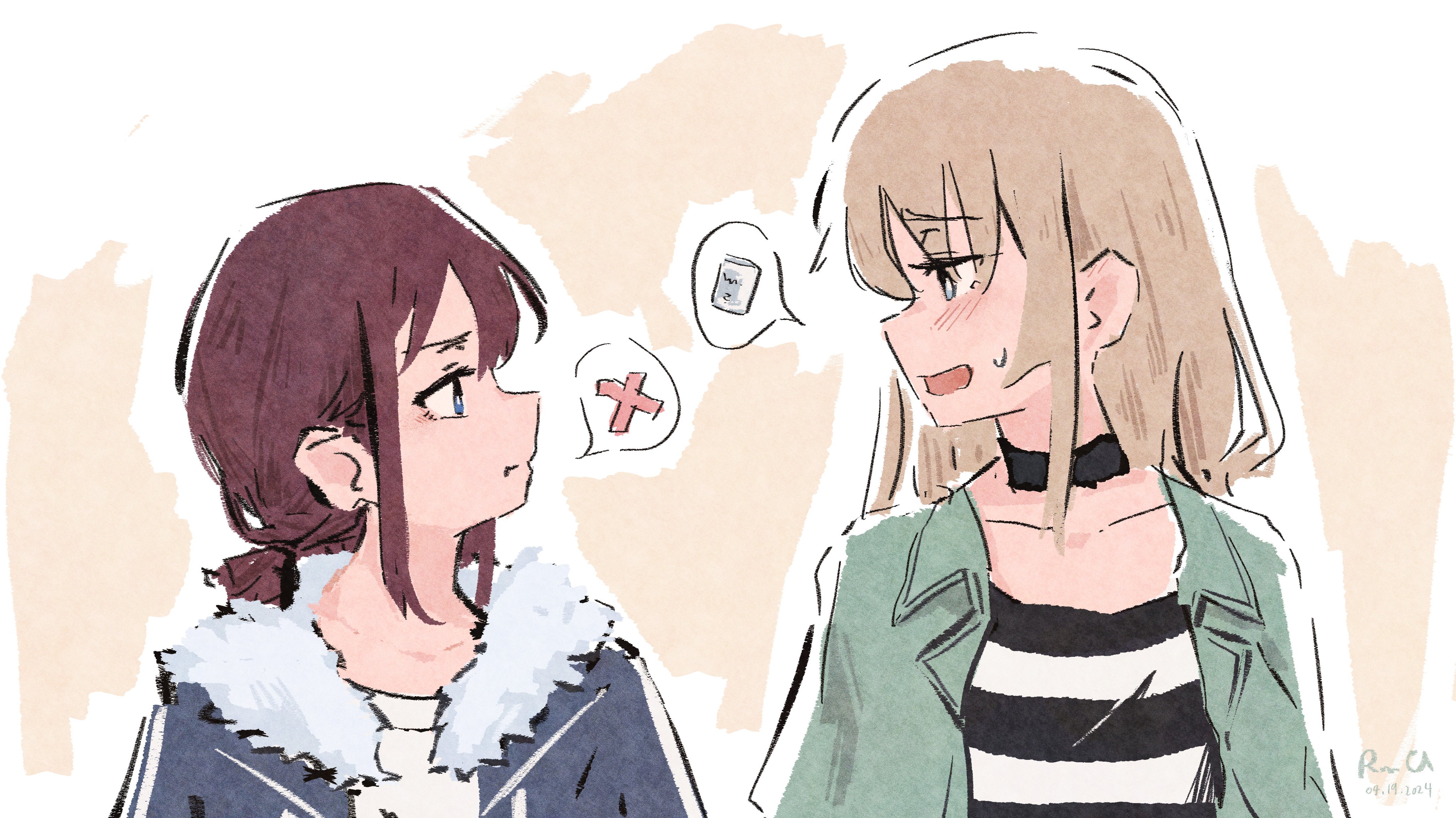 Safebooru - 2girls absurdres artist name blue eyes blue jacket blush brown hair closed mouth ...