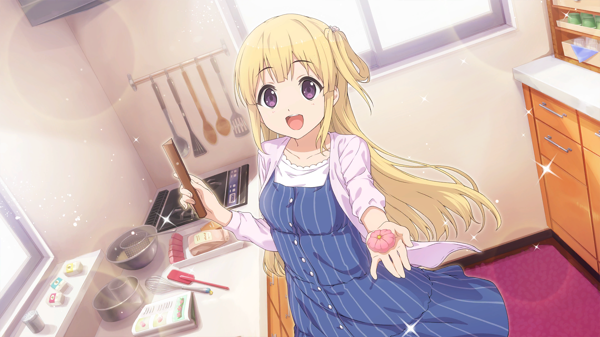 Safebooru - 1girl 22/7 22/7 ongaku no jikan blonde hair blue dress blurry book bowl collarbone ...