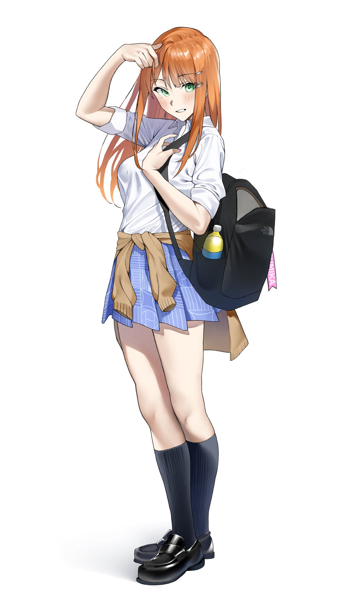 Safebooru - 1girl bag black bag black footwear black socks blue skirt blush breasts cardigan ...