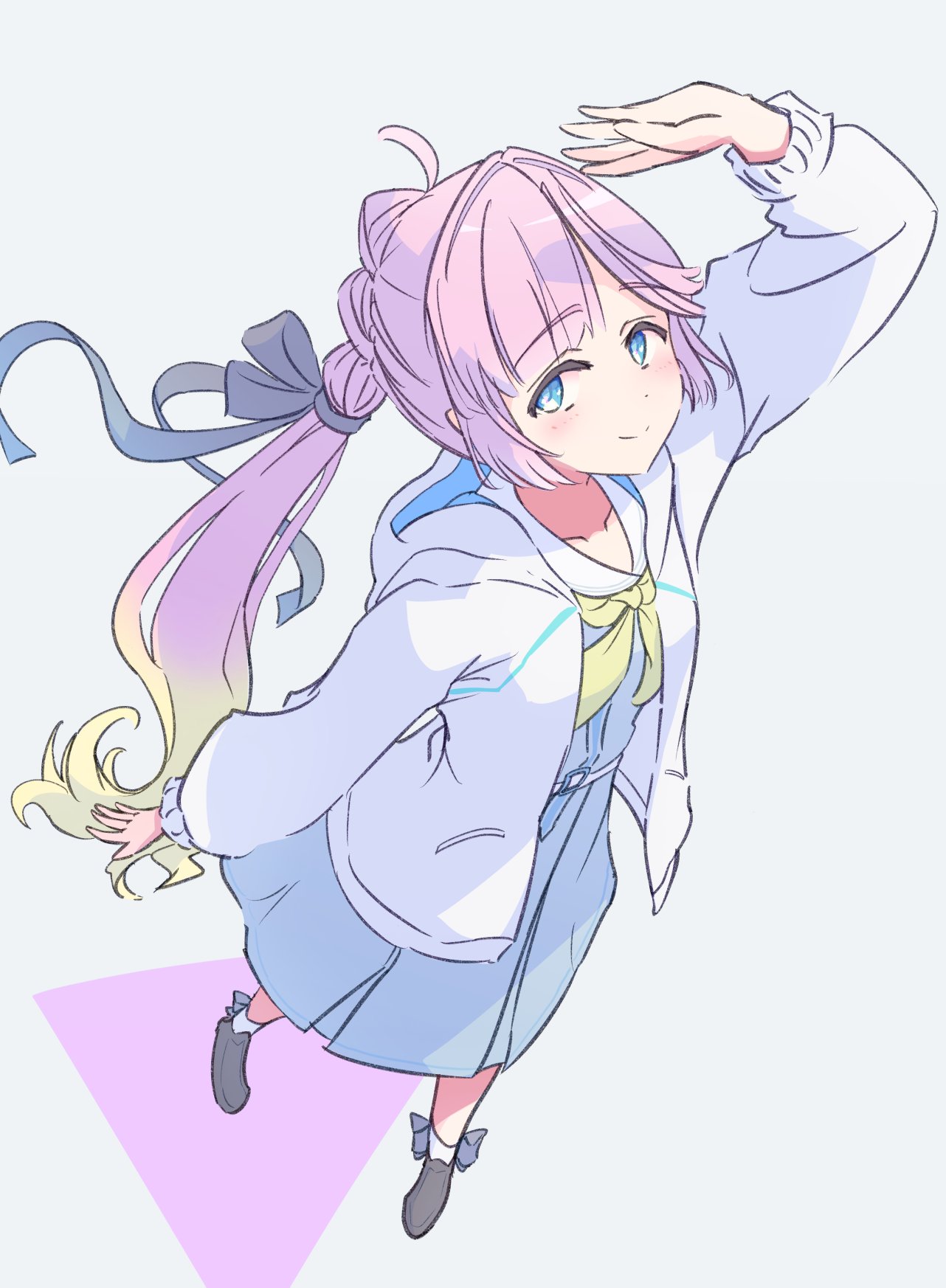 Safebooru - 1girl ahoge anyoji hime arm up black bow black ribbon blonde hair blue dress blue ...