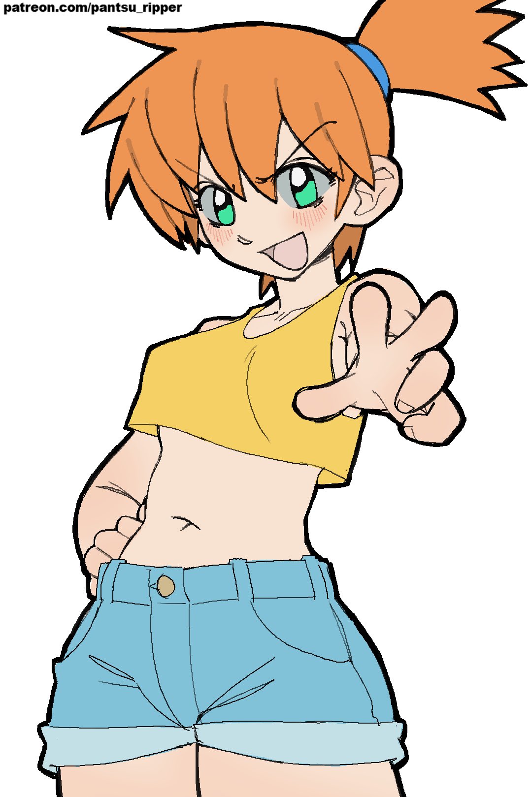 Safebooru - 1girl blue shorts cowboy shot crop top crop top overhang denim denim shorts green ...