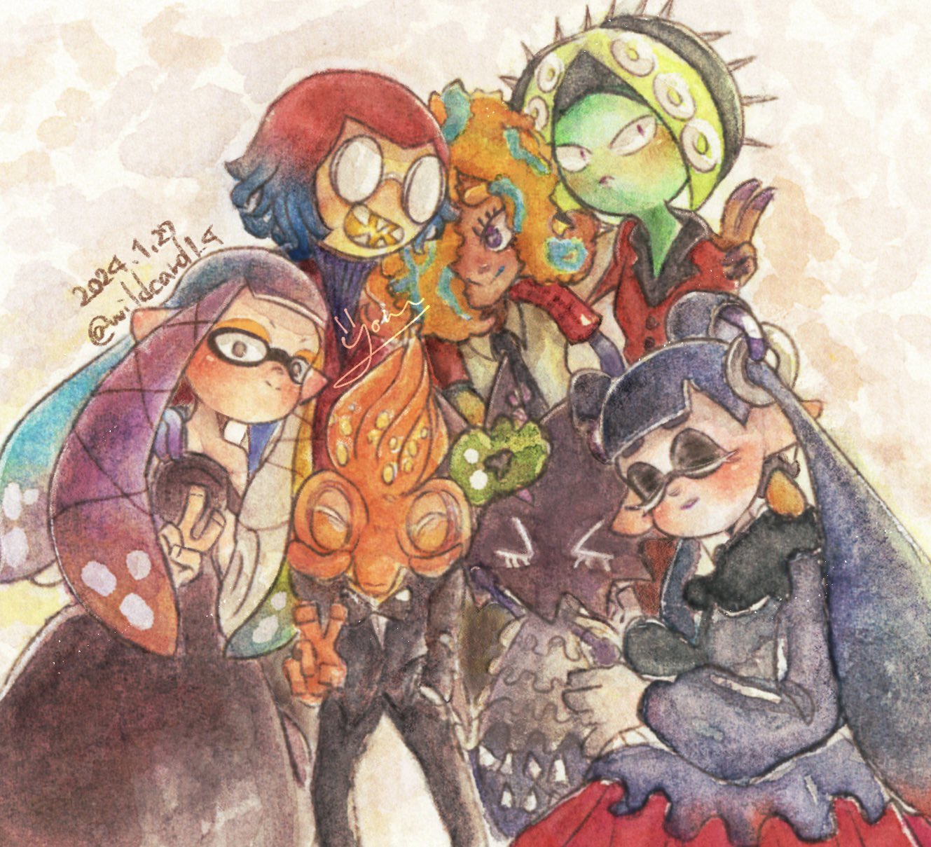 Safebooru - 1boy 6+girls aachin (splatoon) aqua hair black dress black ...