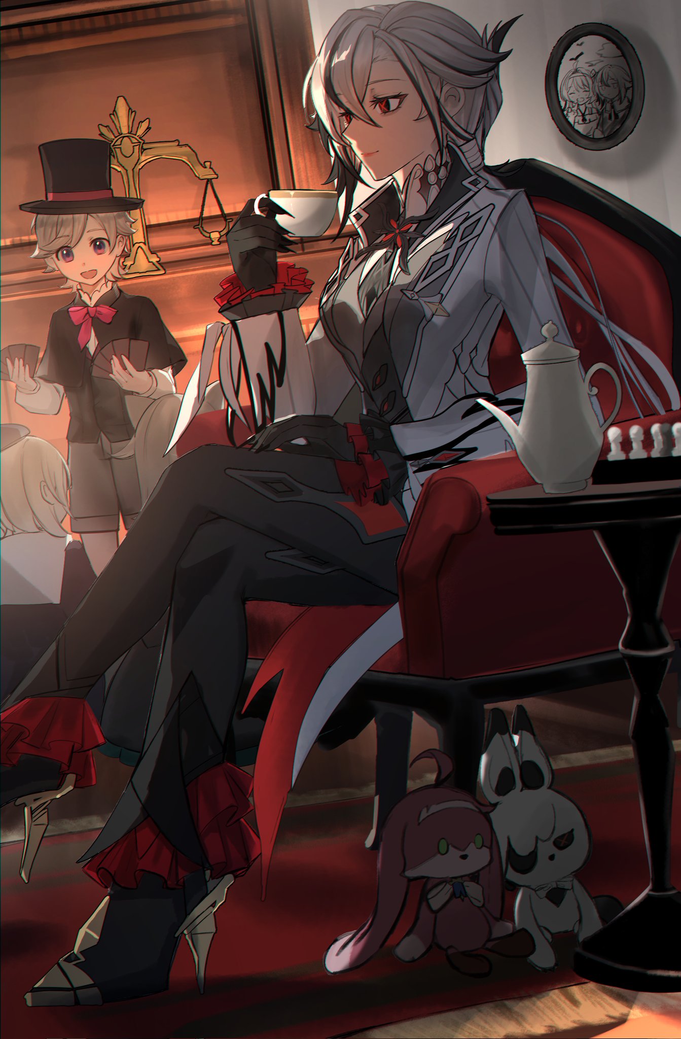 Safebooru - 1girl 2boys :d arlecchino (genshin impact) armchair balance scale black capelet ...