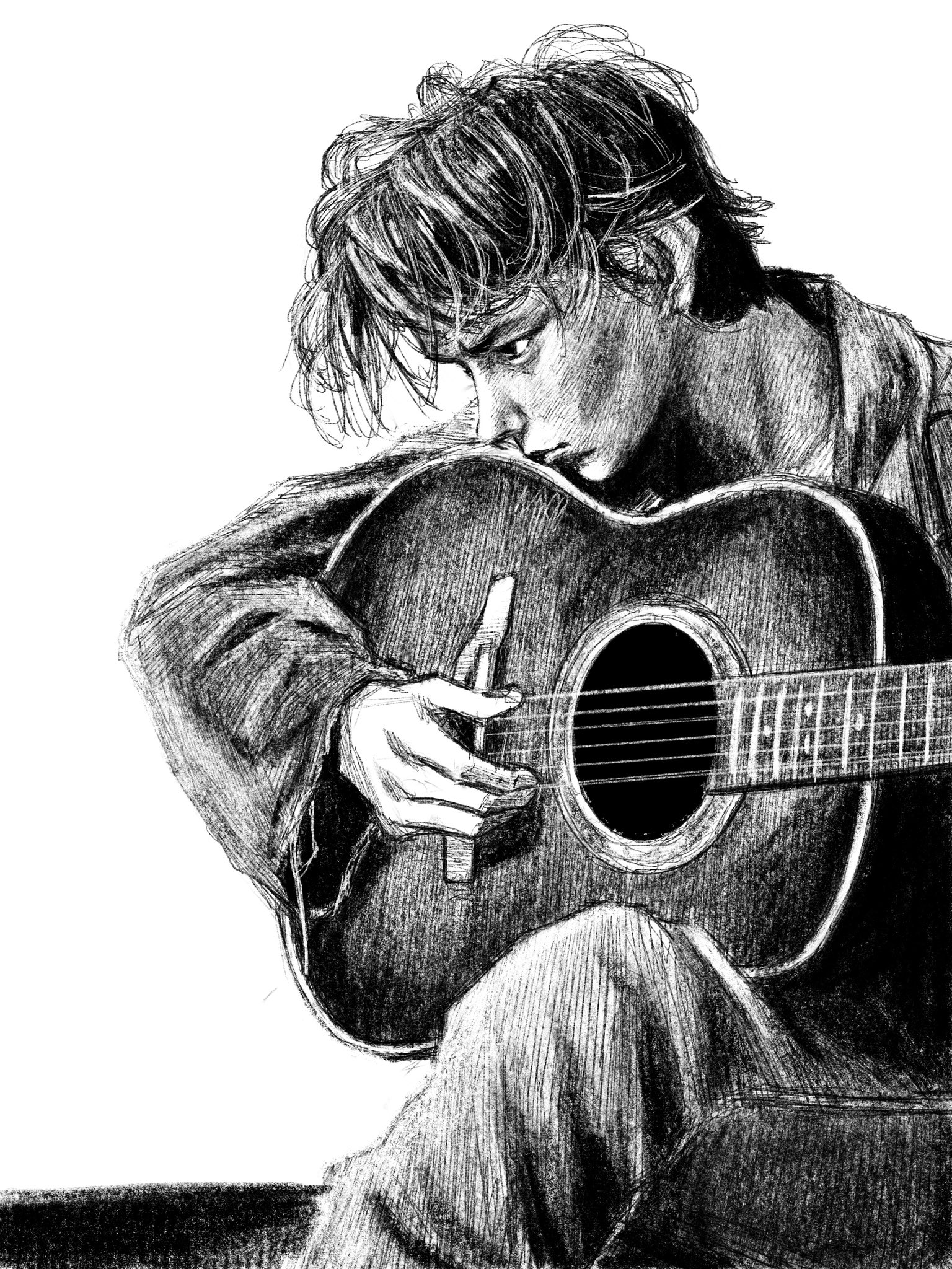 Safebooru - 1boy graphite (medium) guitar highres holding holding instrument instrument looking ...