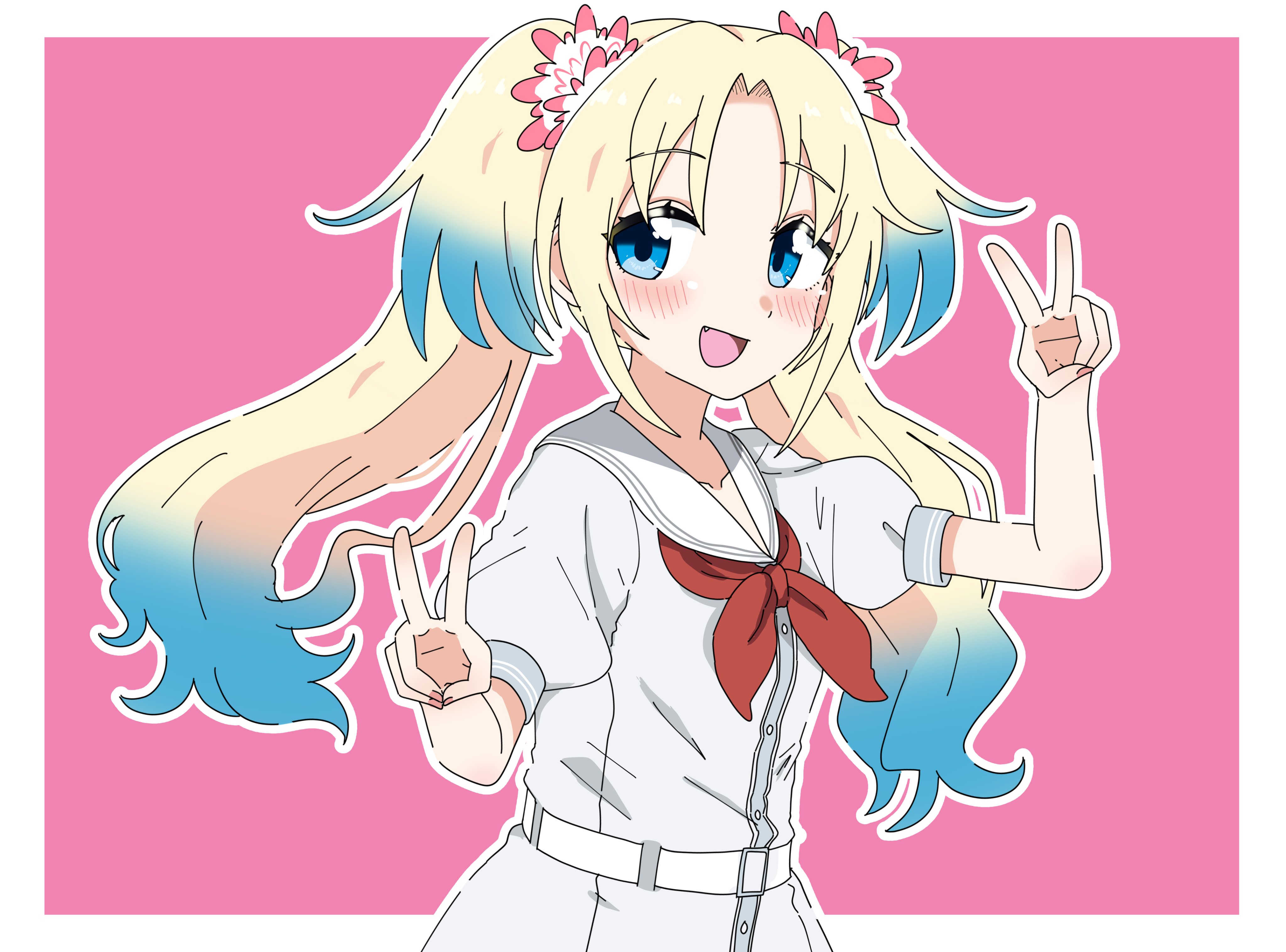 Safebooru - 1girl :d absurdres blonde hair blue eyes blue hair blush border commentary double v ...