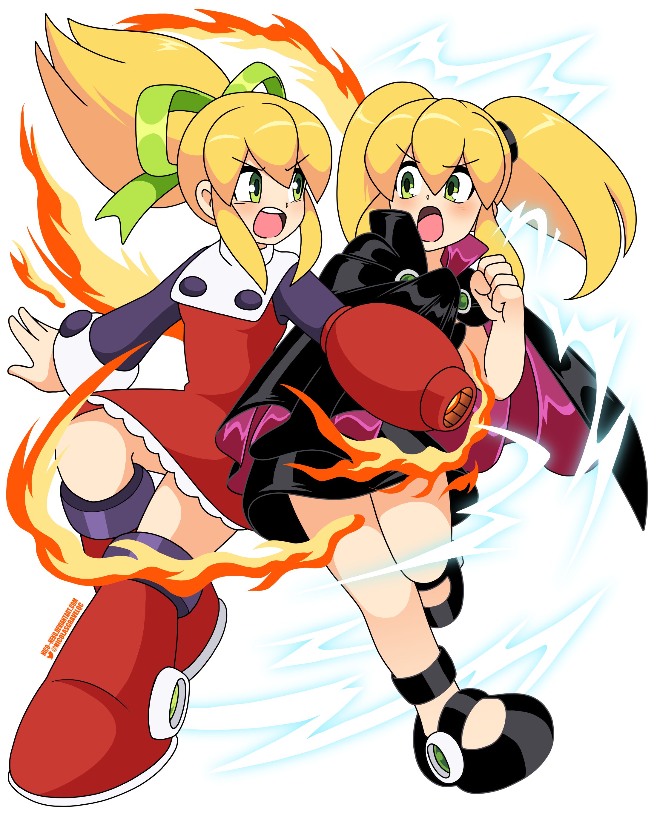 Safebooru - 2girls absurdres arm cannon black cape black dress black footwear blonde hair cape ...