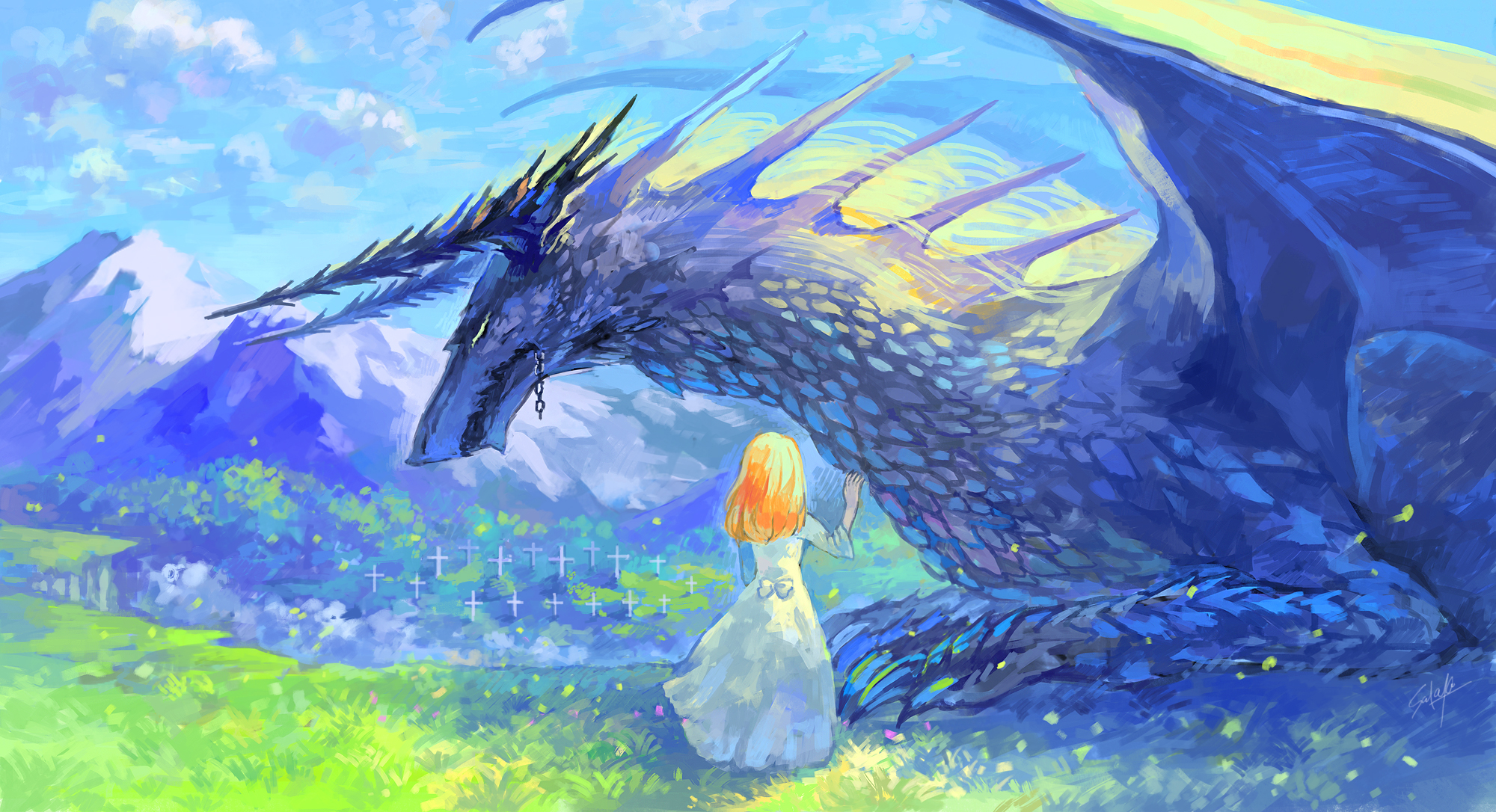 Safebooru - 1girl blonde hair blue sky bow broken broken chain chain claws clouds commentary ...