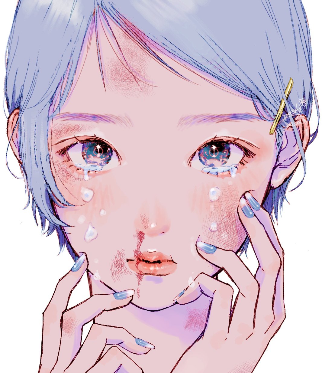 Safebooru - 1girl artist name blood blue nails bruise bruise on face closed mouth crying crying ...