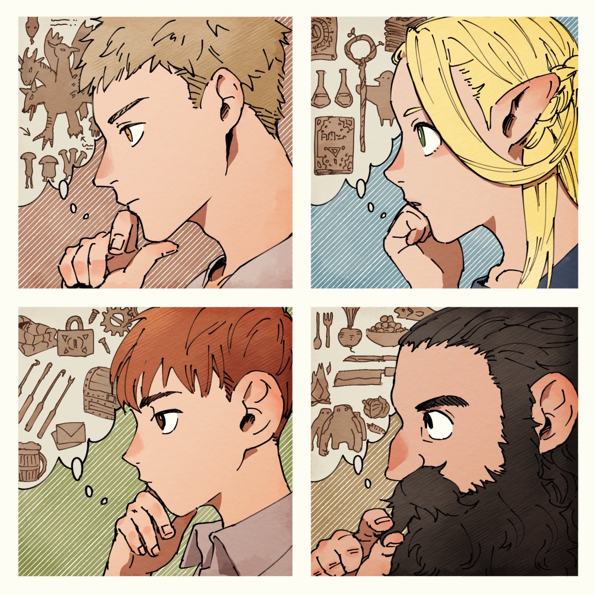 Safebooru - 1girl 3boys beard beard over mouth blonde hair chilchuck tims dungeon meshi dwarf ...