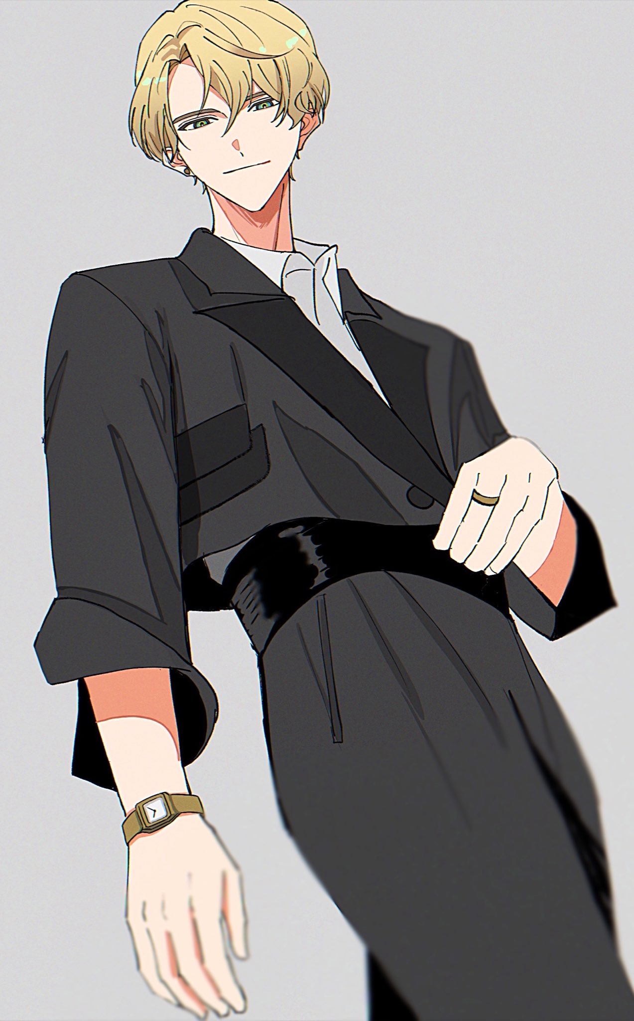 Safebooru - 18trip black pants black shirt blonde hair closed mouth collared shirt cropped legs ...