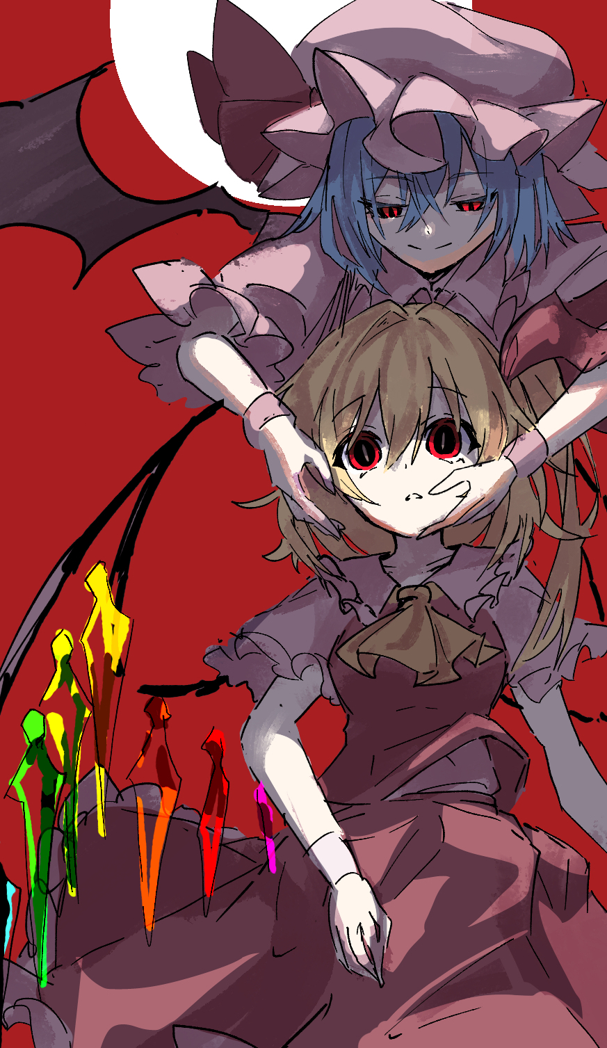 Safebooru - 2girls ascot bat wings blonde hair blue hair cowboy shot crystal wings flandre ...