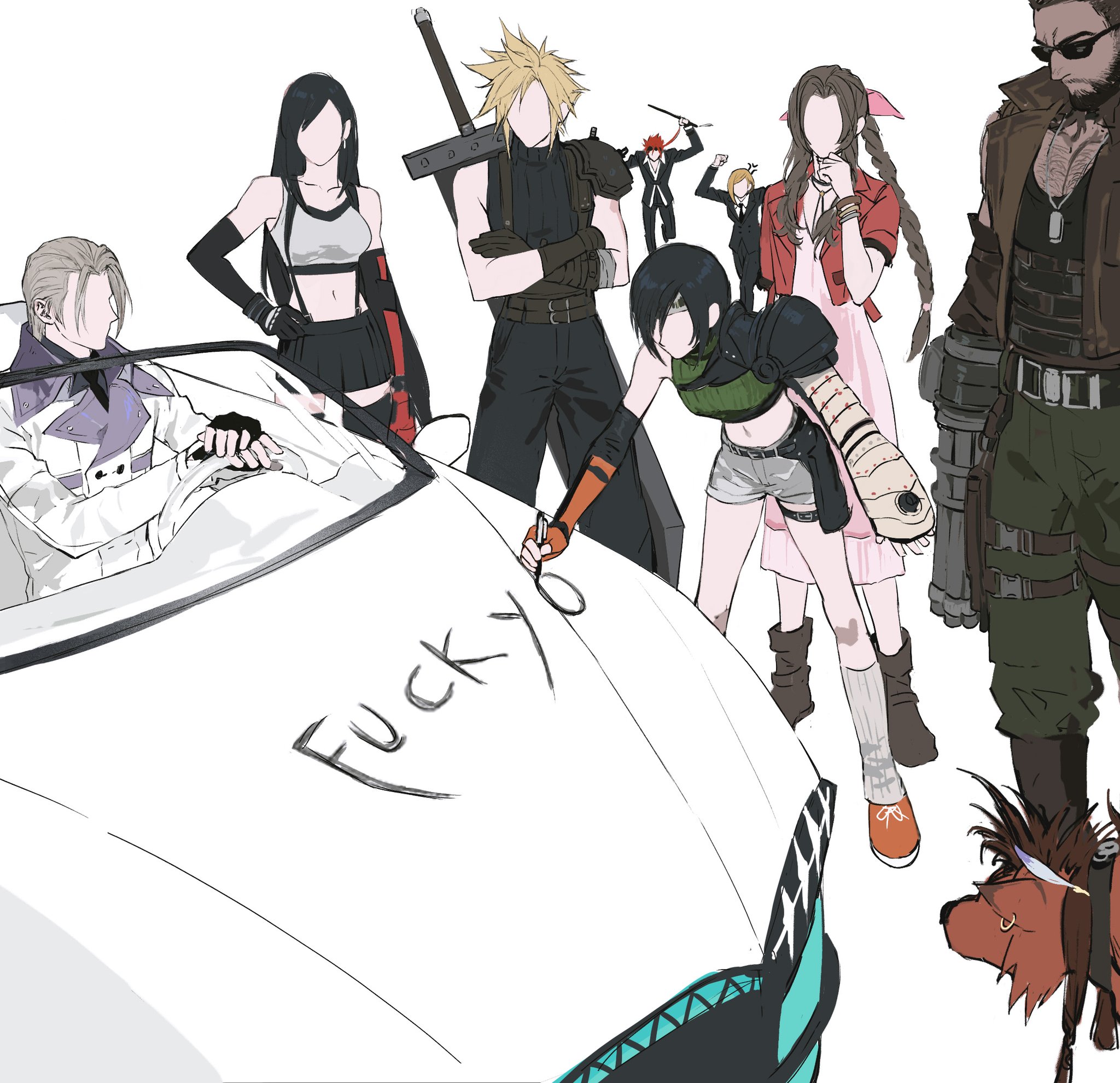 Safebooru - 4girls 5boys aerith gainsborough animal armor bangle barret wallace belt black bra ...