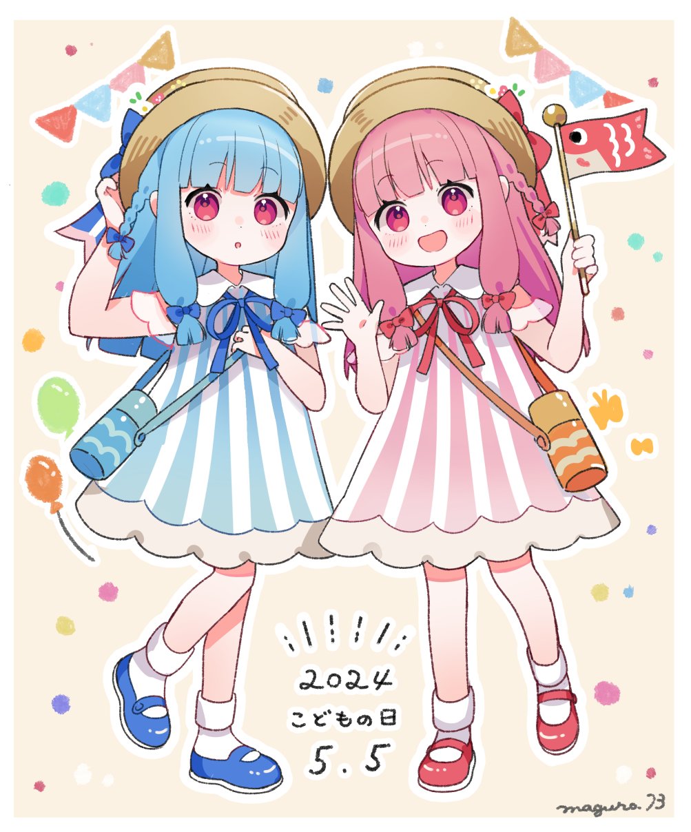 Safebooru - 2girls aged down animal print balloon binchou maguro blue bow blue dress blue ...