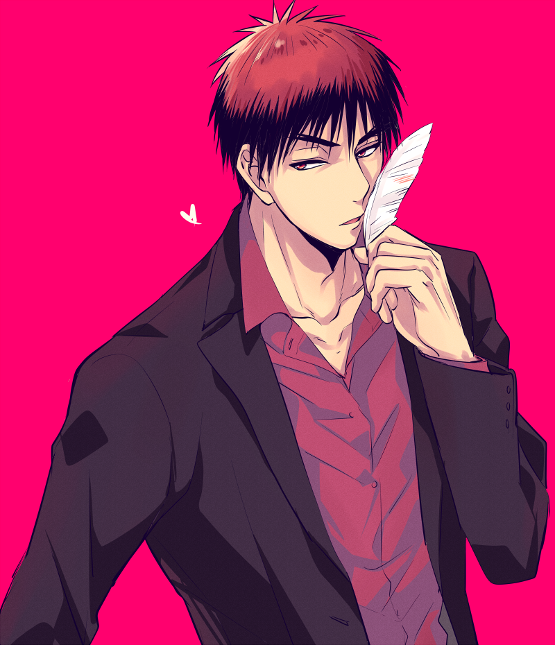 Safebooru - 1boy black coat coat collared shirt feathers heart holding holding feather kagami ...