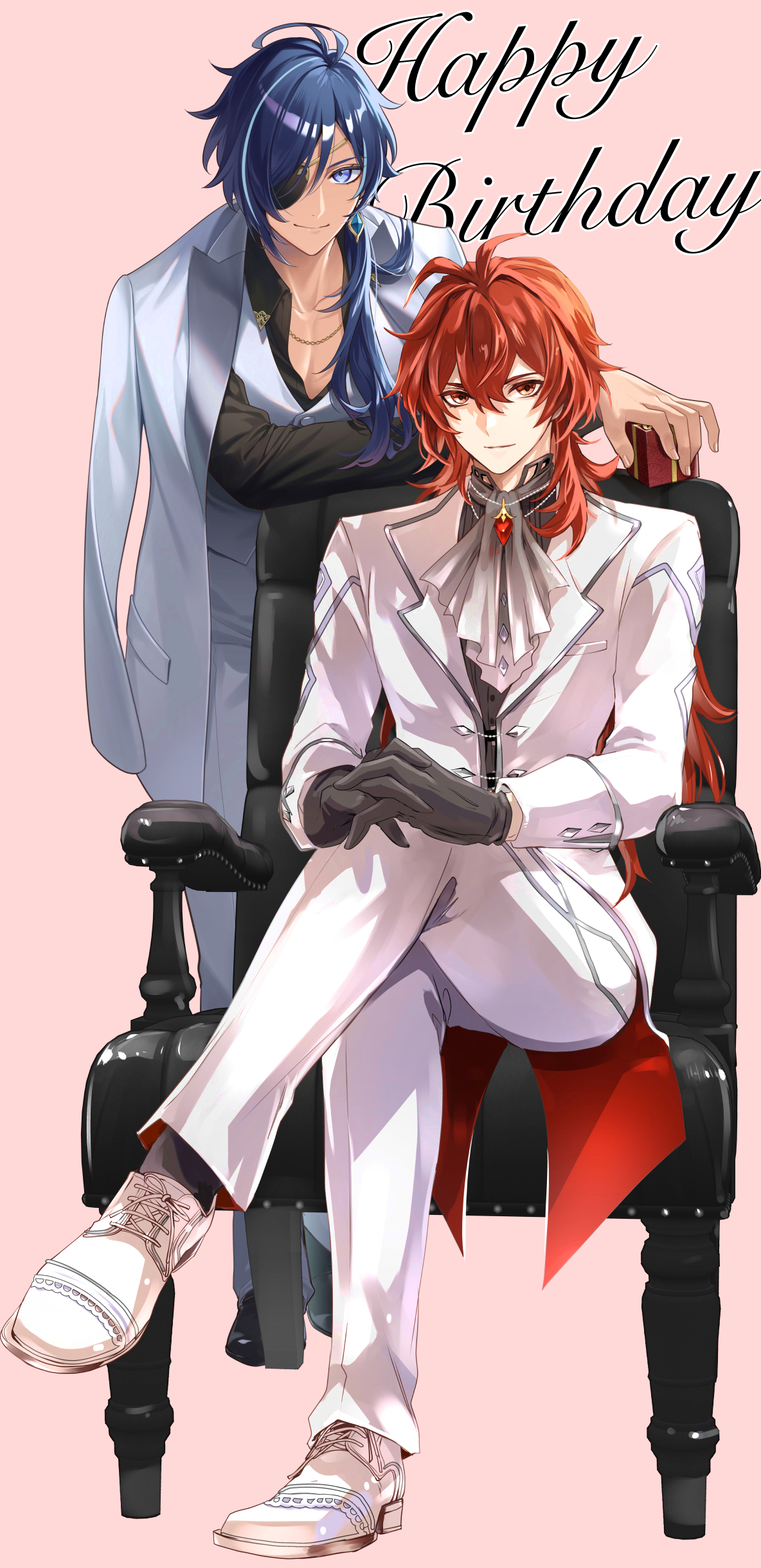 Safebooru - 2boys absurdres antenna hair ascot black shirt blue eyes blue hair blue jacket blue ...