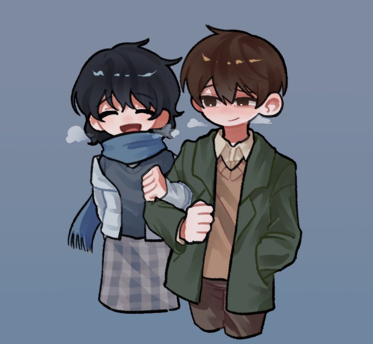 Safebooru - 1boy 1girl black hair blue background blue jacket blue scarf blue sweater brown eyes ...