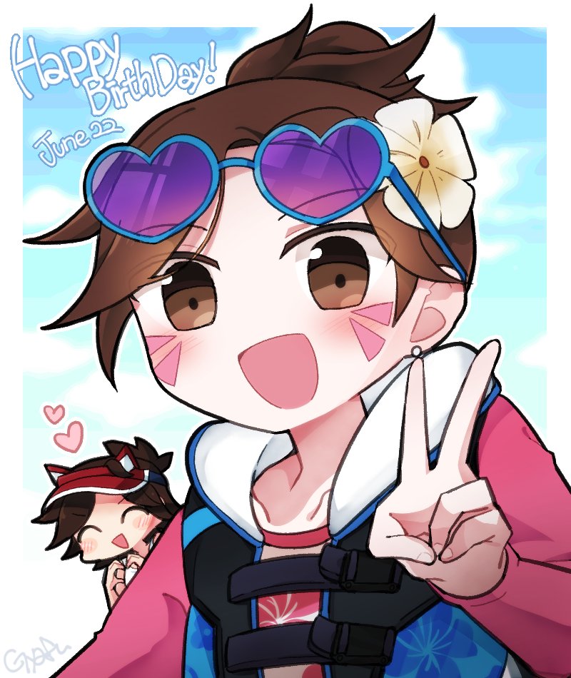 Safebooru - 2girls blue-framed eyewear blue sky blue vest blush border ...