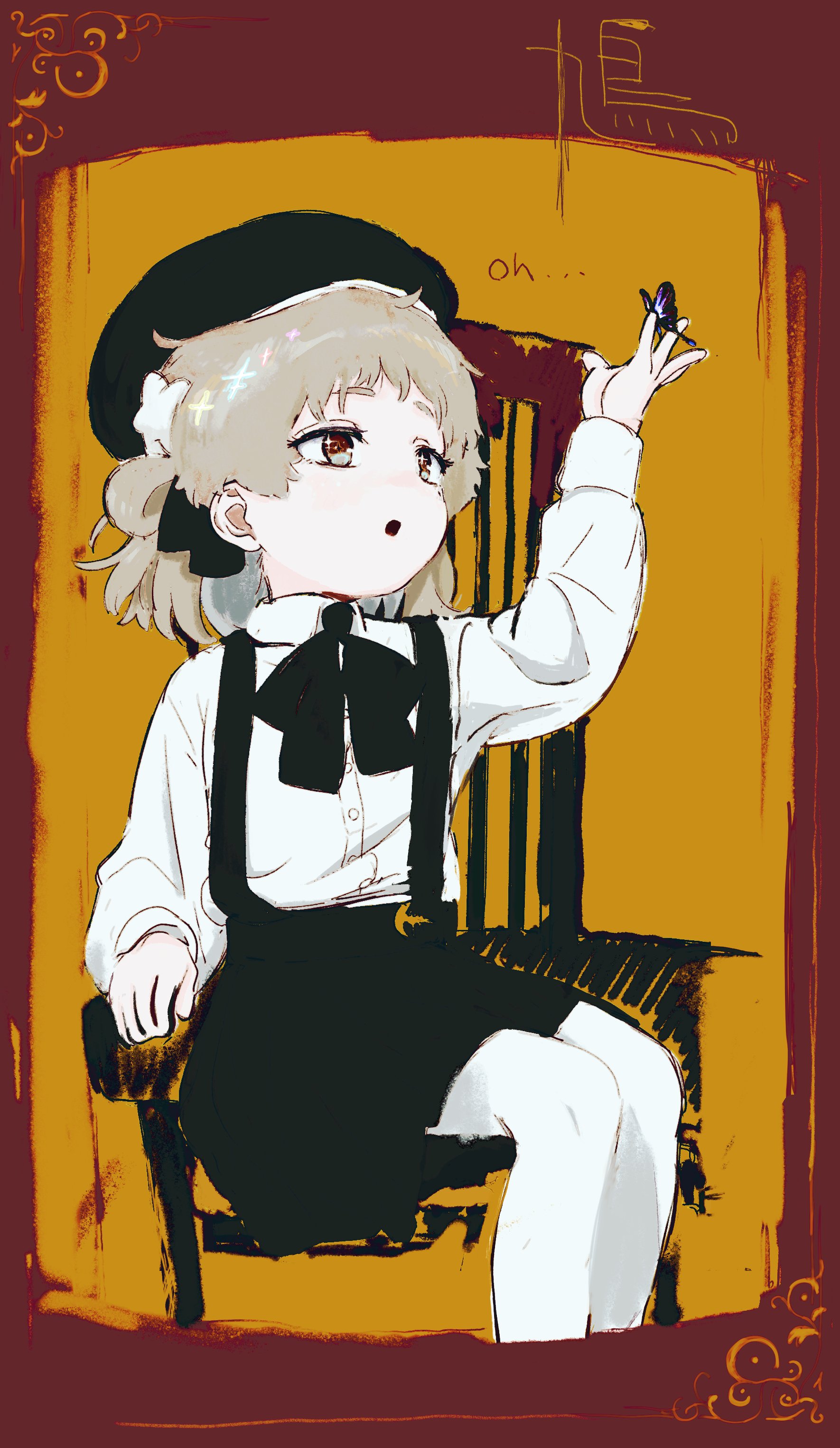 Safebooru - 1girl absurdres armchair beret black hat black ribbon black skirt border brown eyes ...