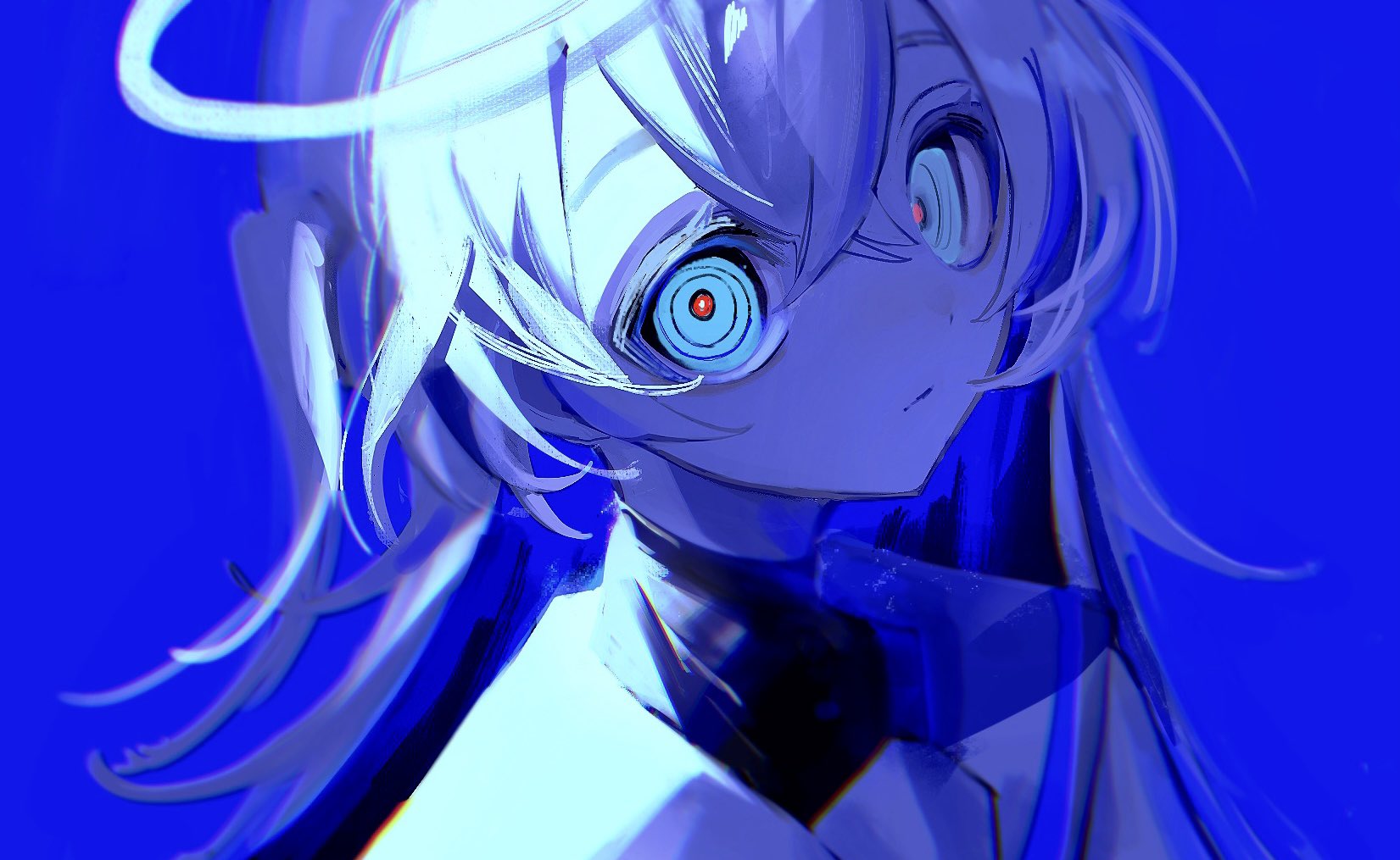 Safebooru - 1girl aqua eyes black shirt blue background blue hair blue theme closed mouth ...