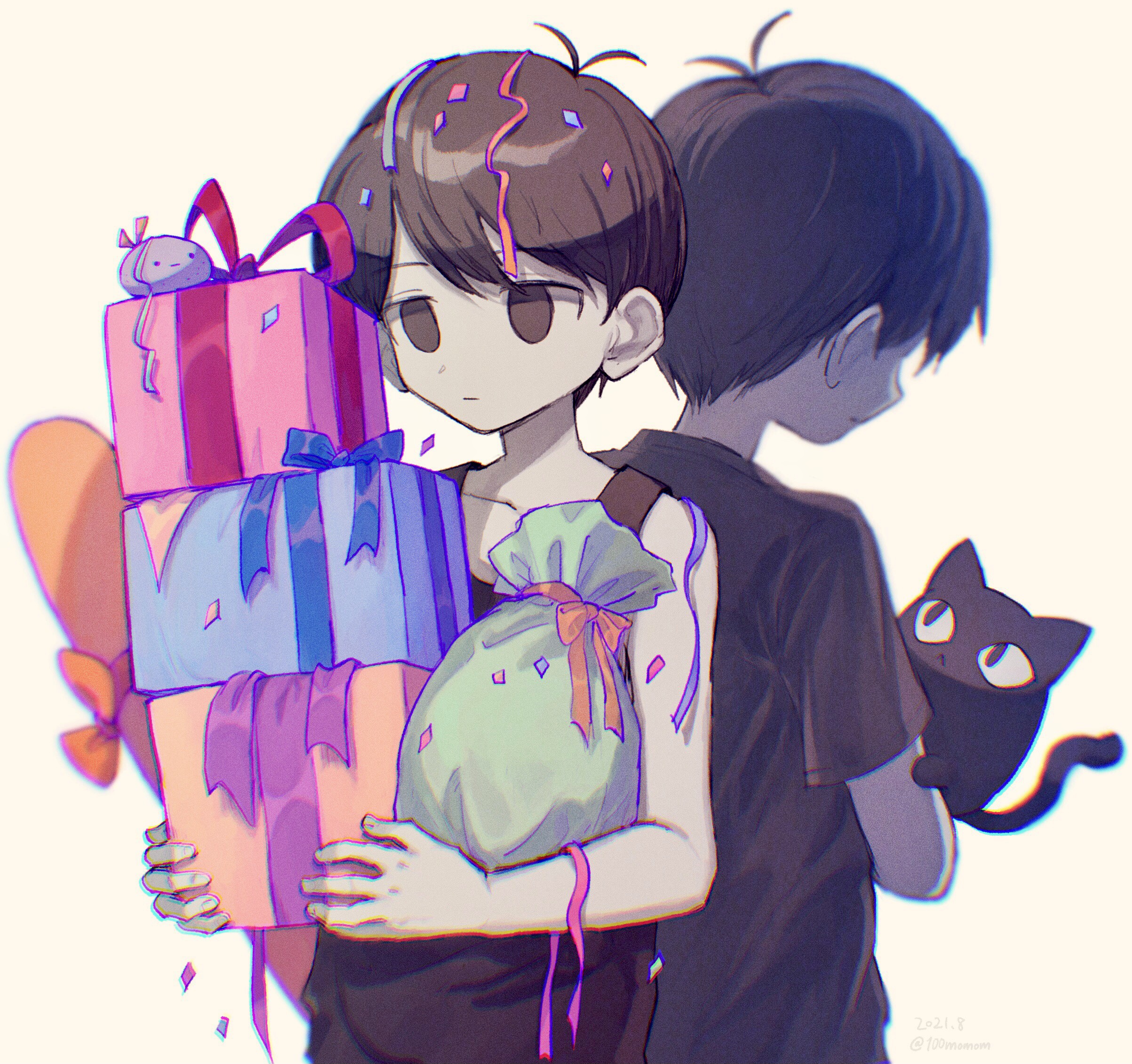 Safebooru - 2boys animal black eyes black hair black shirt black tank ...