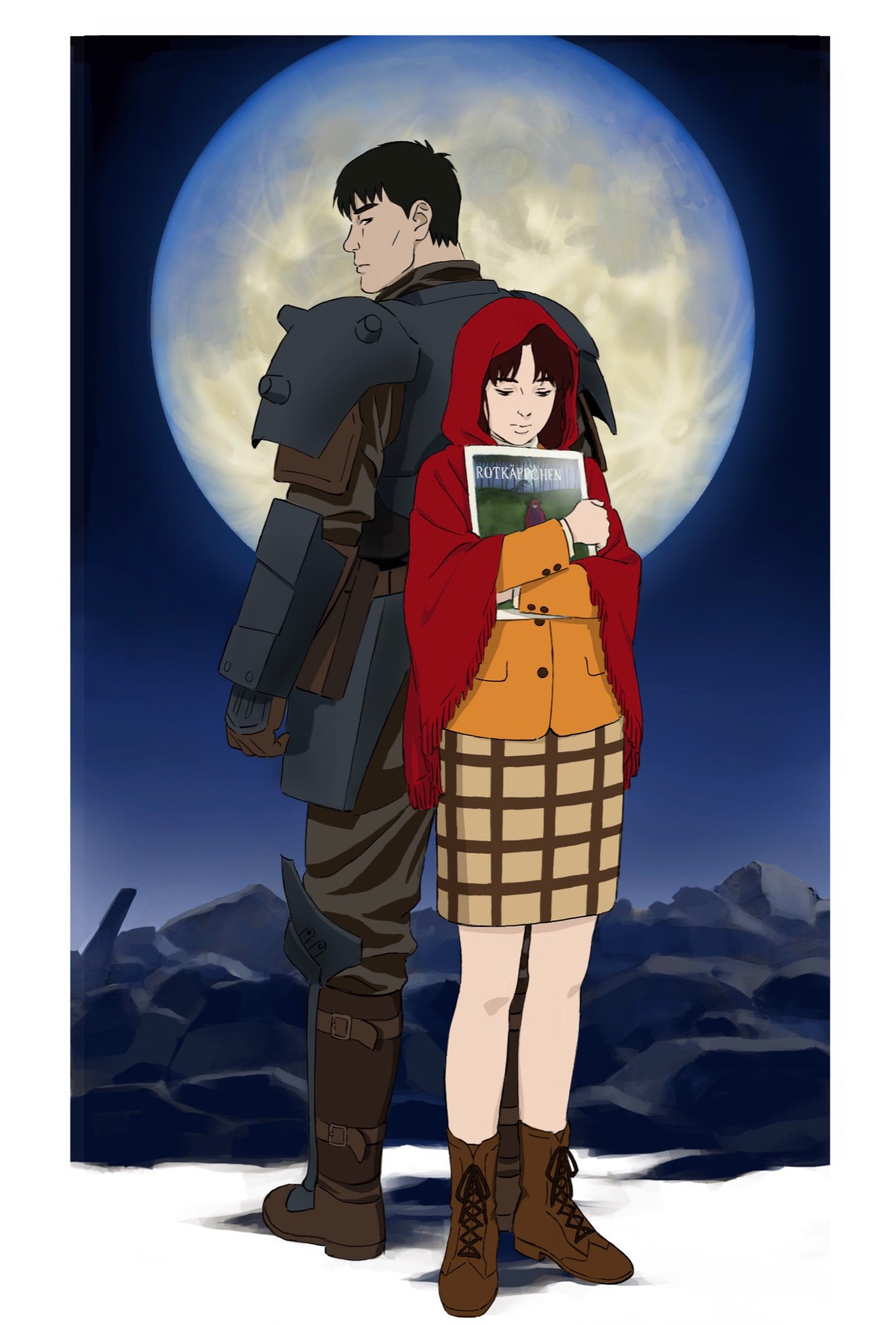 Safebooru - 1boy 1girl armor back-to-back black hair book boots commentary request ...