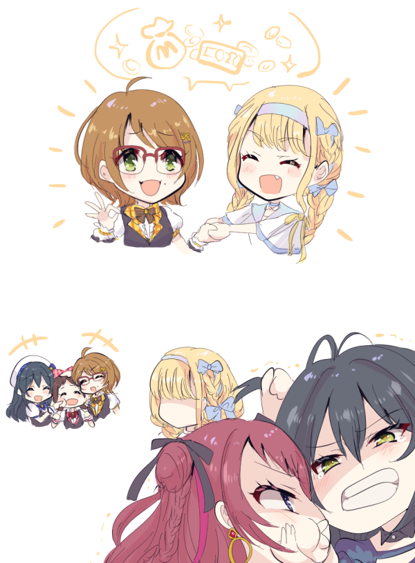 Safebooru - 6+girls ^ ^ ahoge blonde hair blue bow blue hairband bow braid catfight cheek squash ...