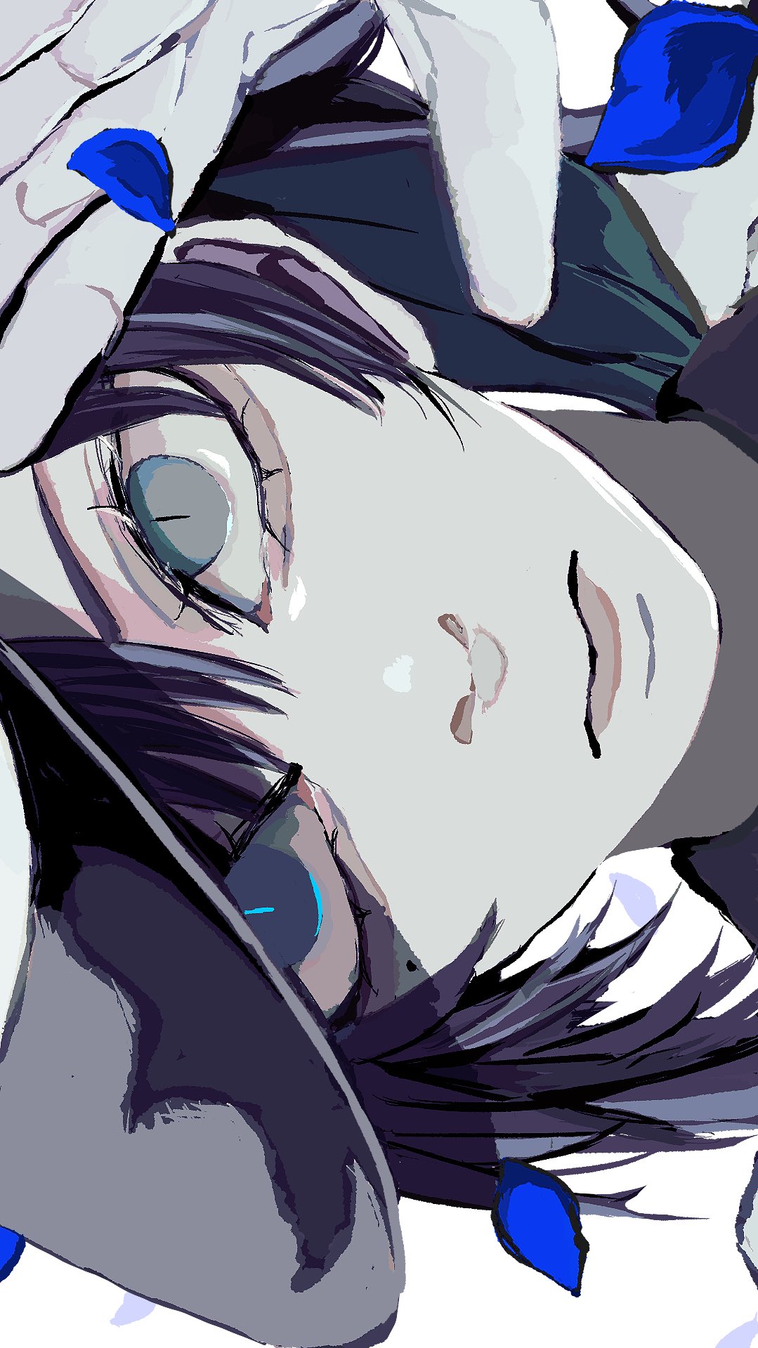 Safebooru - 1girl ado (utaite) black hair blue eyes blue petals chando (ado) gloves hair between ...