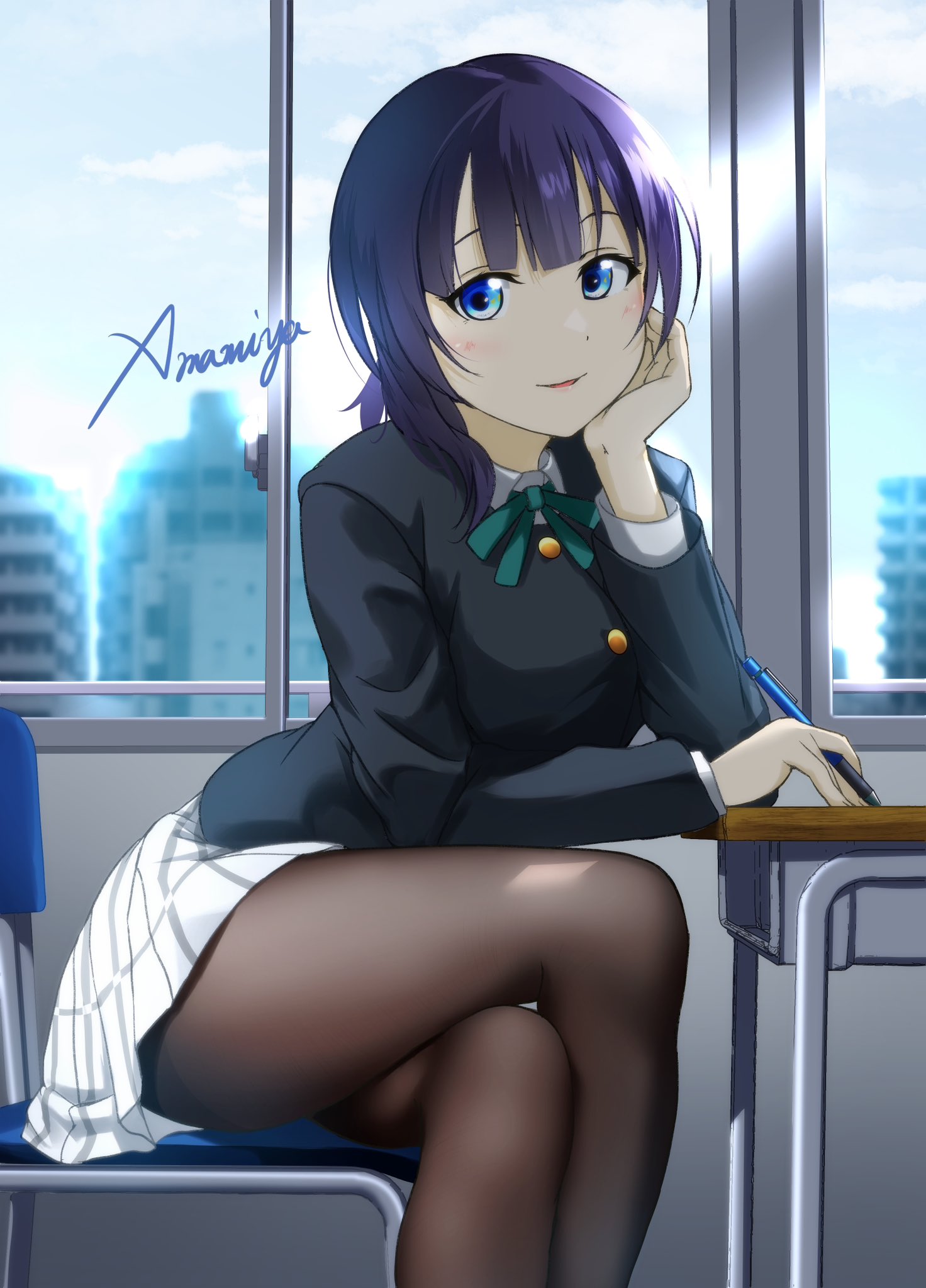 Safebooru - 1girl amamiya (re-amamiya) artist name asaka karin black jacket black pantyhose blue ...