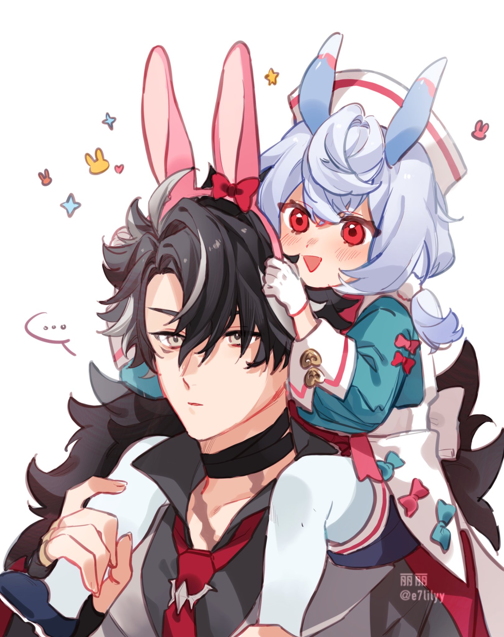 Safebooru - ... 1boy 1girl :d animal ear hairband animal ears apron aqua bow aqua shirt artist ...
