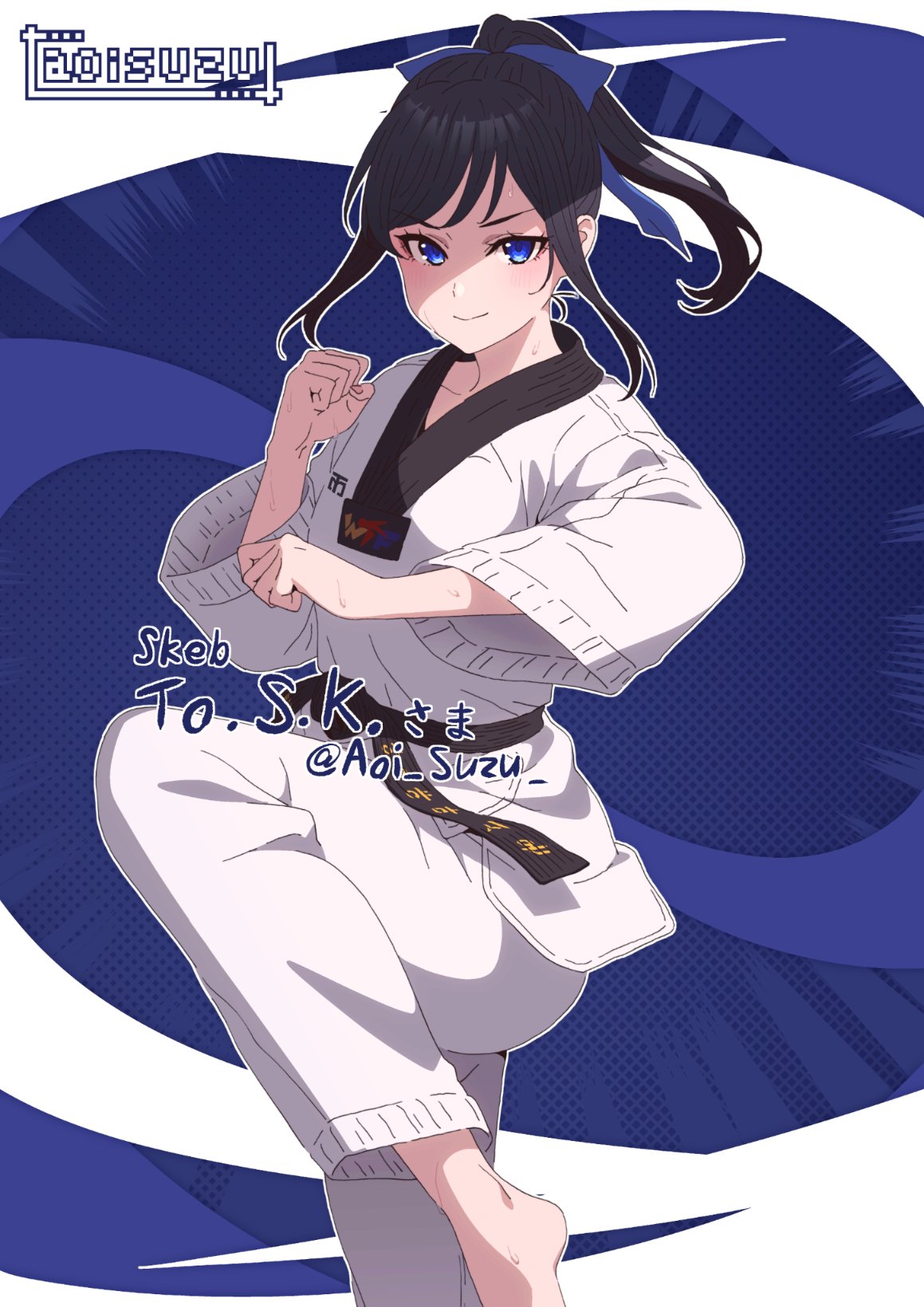 Safebooru - 1girl aoi suzu artist name barefoot belt black belt black hair blue bow blue eyes ...