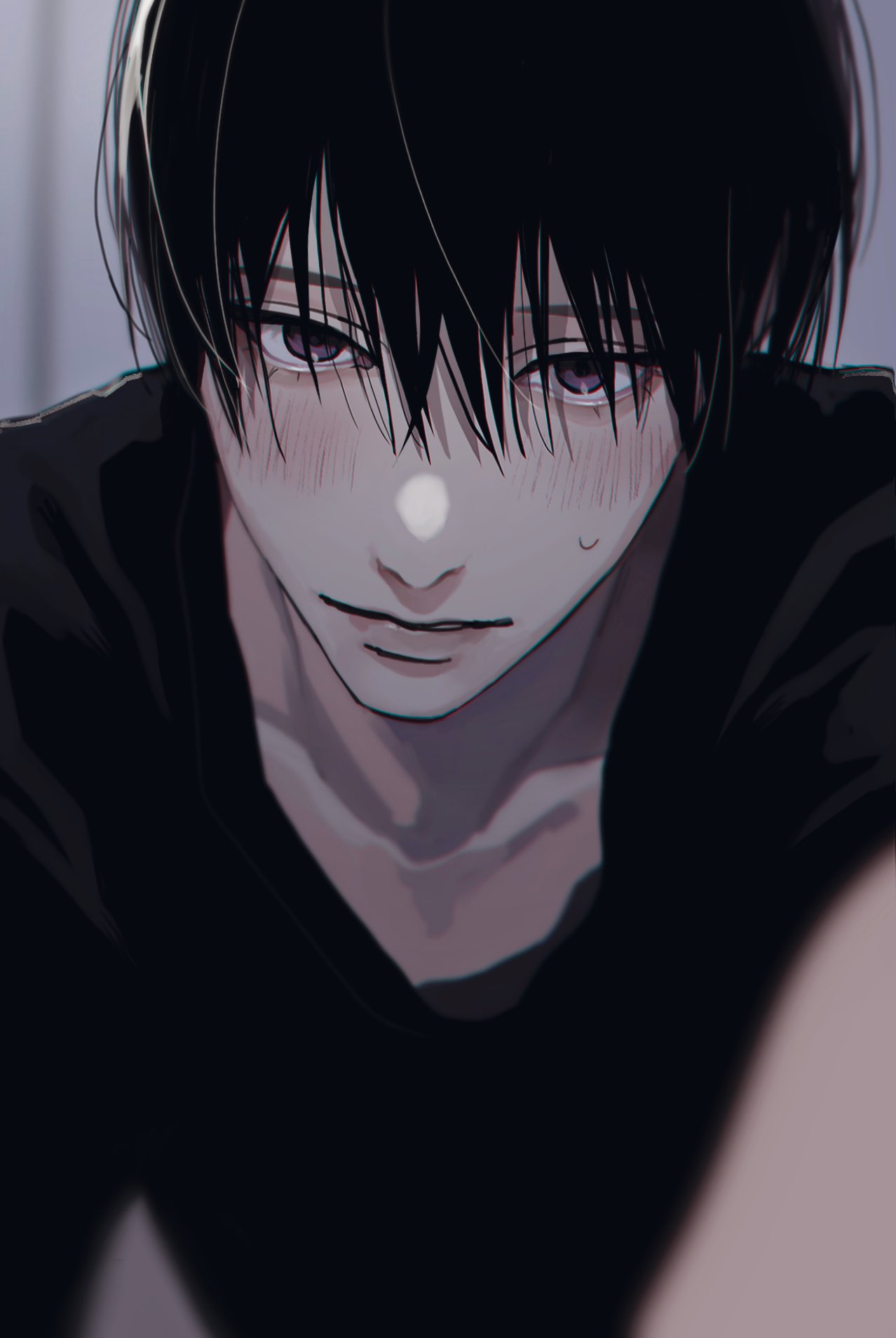 Safebooru - 1boy black hair black shirt blurry blush close-up collarbone depth of field highres ...