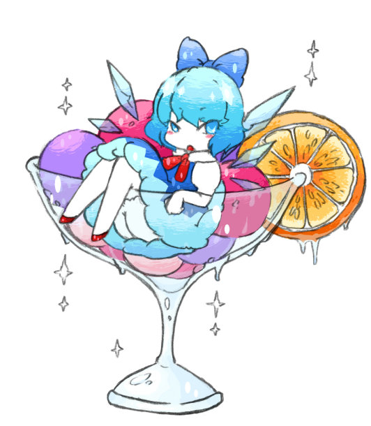 Safebooru - 1girl bloomers blue eyes blue ribbon blush chibi cirno crystal wings full body glass ...