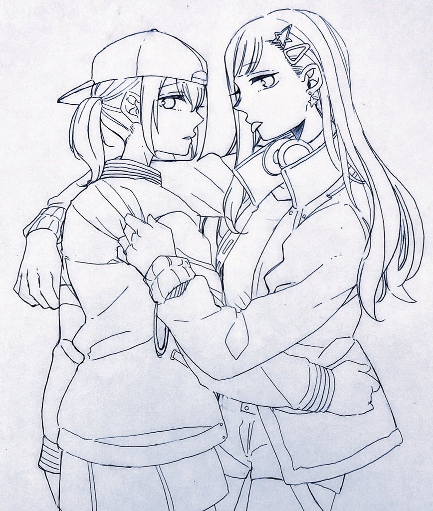 Safebooru - 2girls azusawa kohane baseball cap commentary request earrings greyscale hair ...