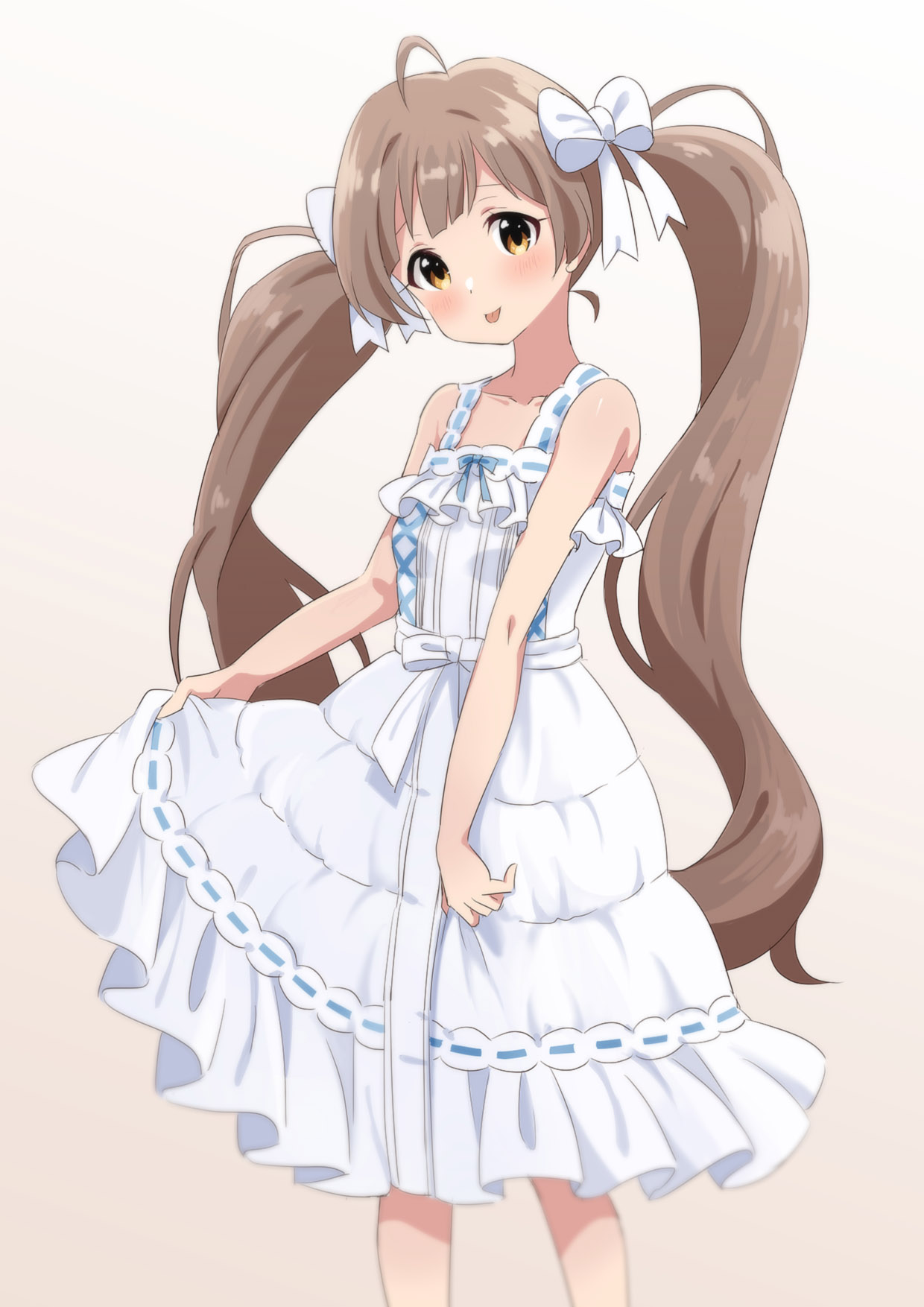 Safebooru - 1girl :p ahoge bare arms bare shoulders blue bow blue ribbon blurry blush bow ...