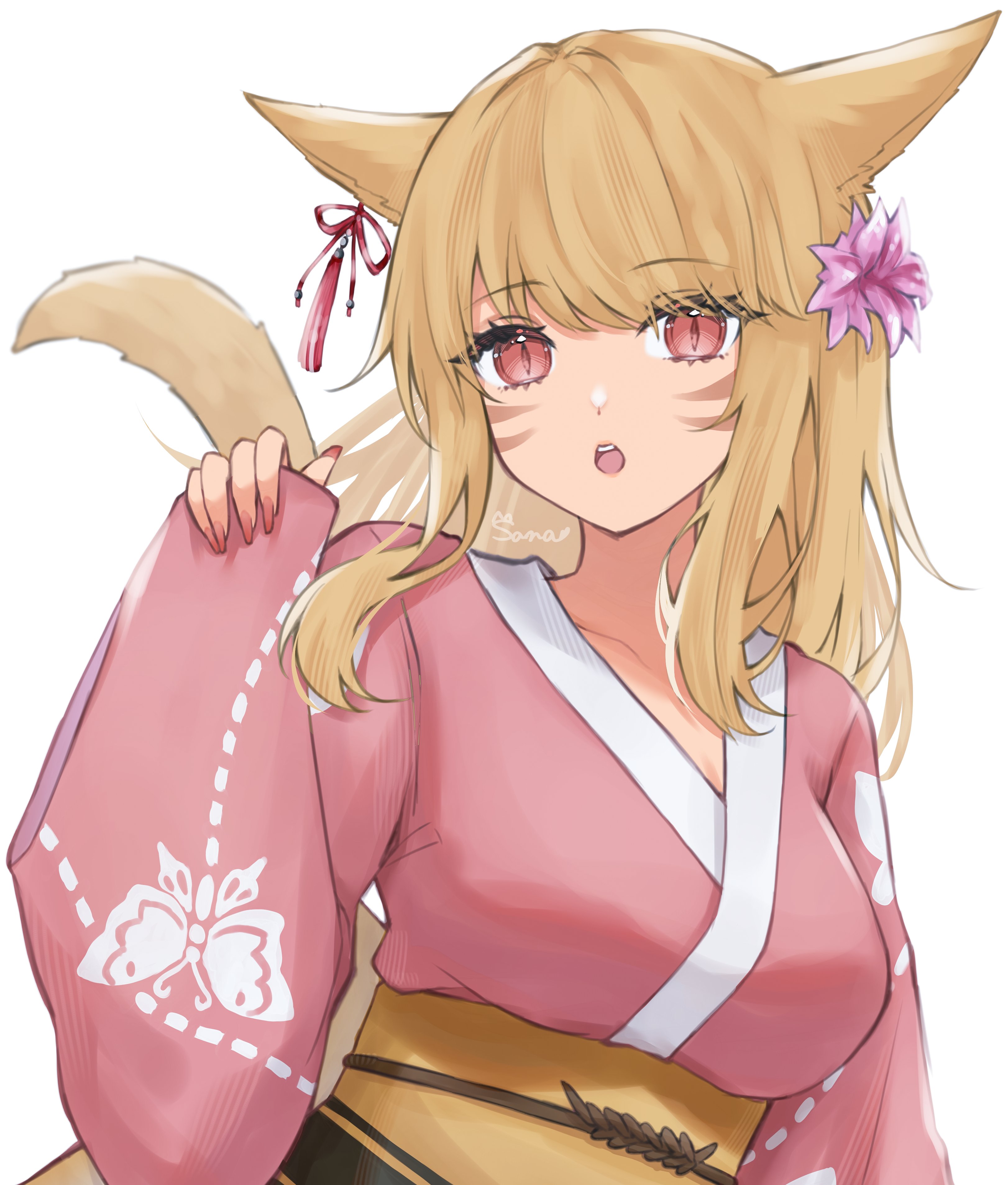 Safebooru - 1girl absurdres animal ears animal print artist name blonde hair butterfly print cat ...