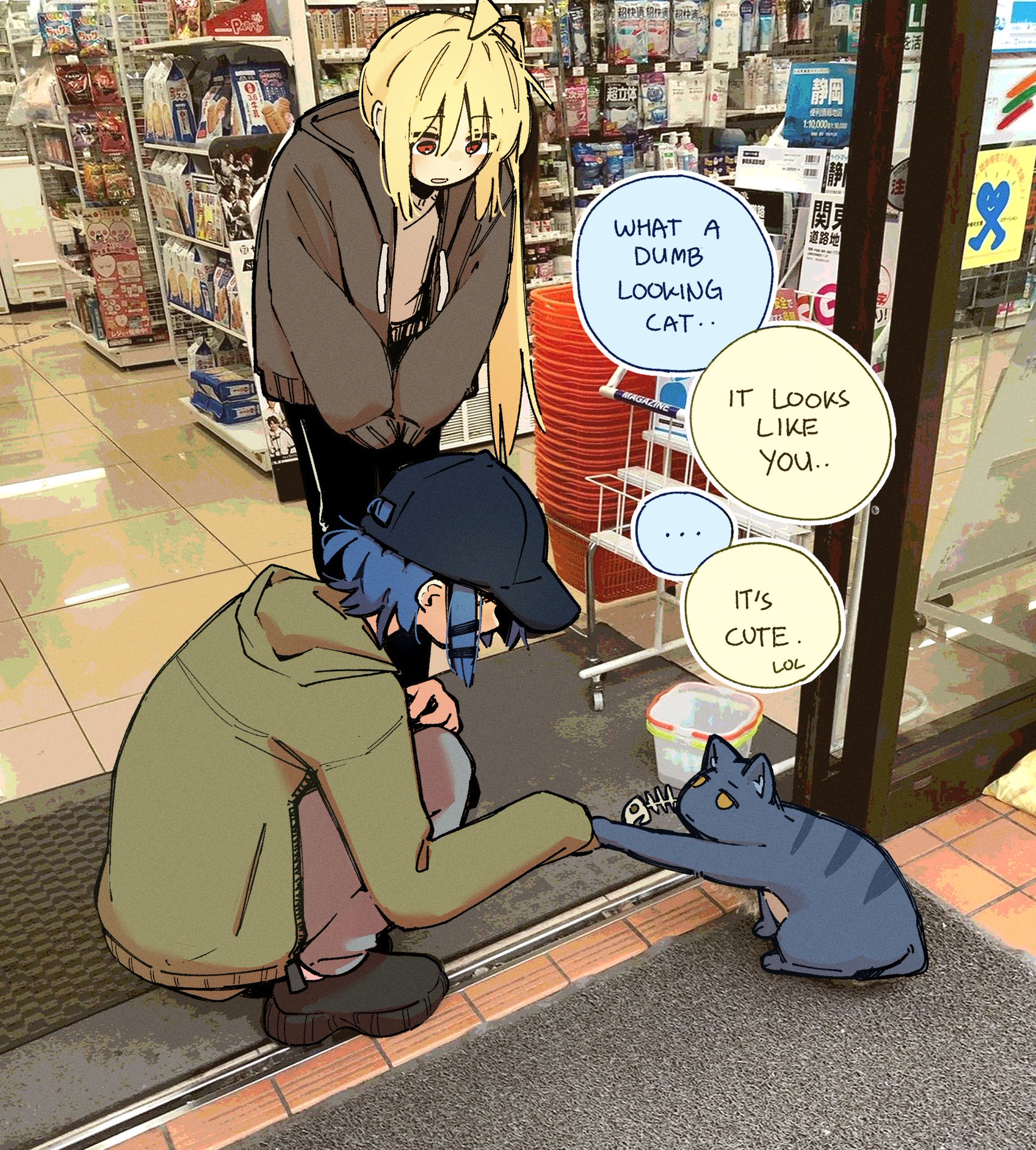 Safebooru - ... 2girls ahoge animal ears black pants blonde hair blue fur blue hair bocchi the ...